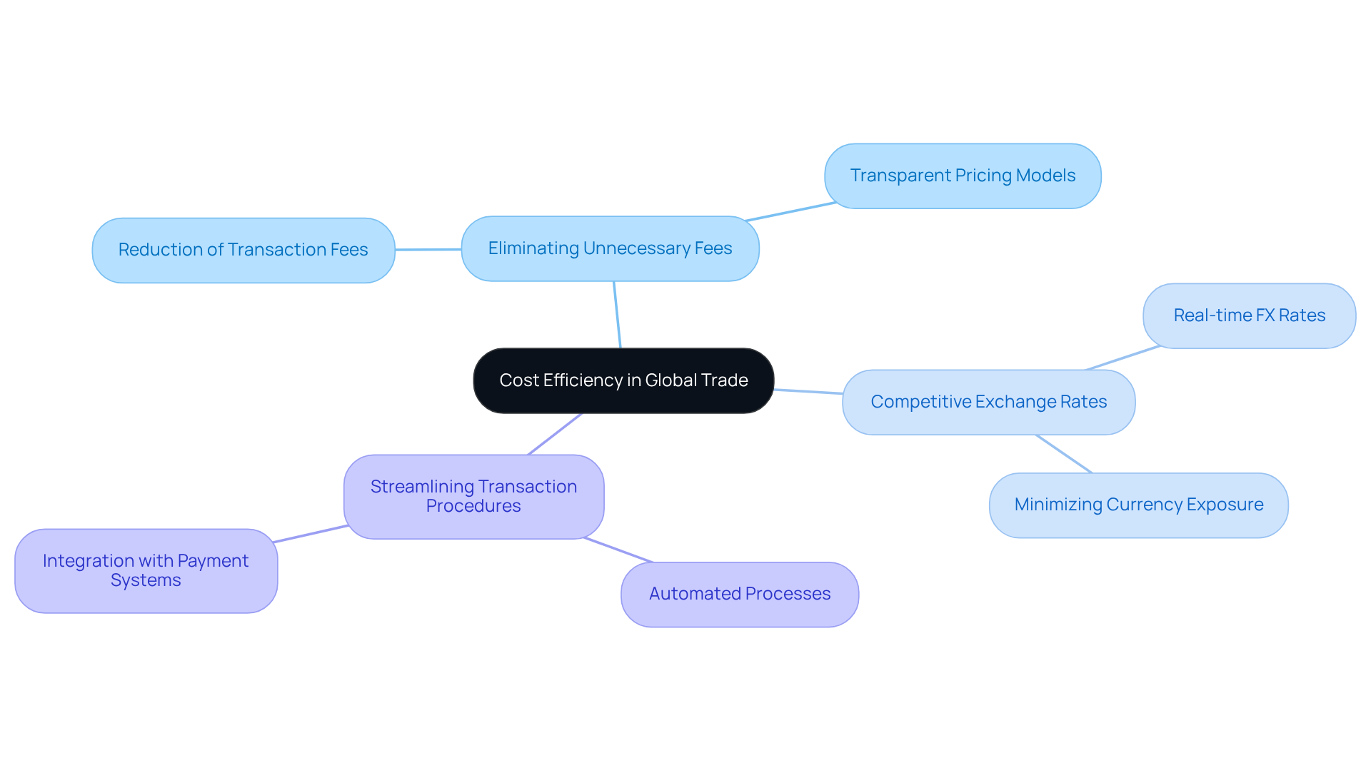 The center represents the main goal of cost efficiency, while the branches show the different strategies the company uses to achieve this. Each branch highlights a specific method that contributes to lowering transaction costs.