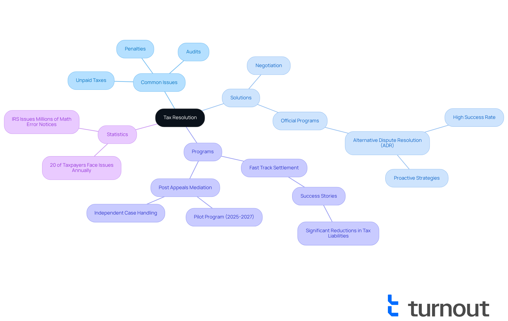 The central node represents the main concept of tax resolution, while the branches illustrate the various issues taxpayers face and the solutions available. Each color-coded branch helps you see how everything connects, making it easier to understand your options.