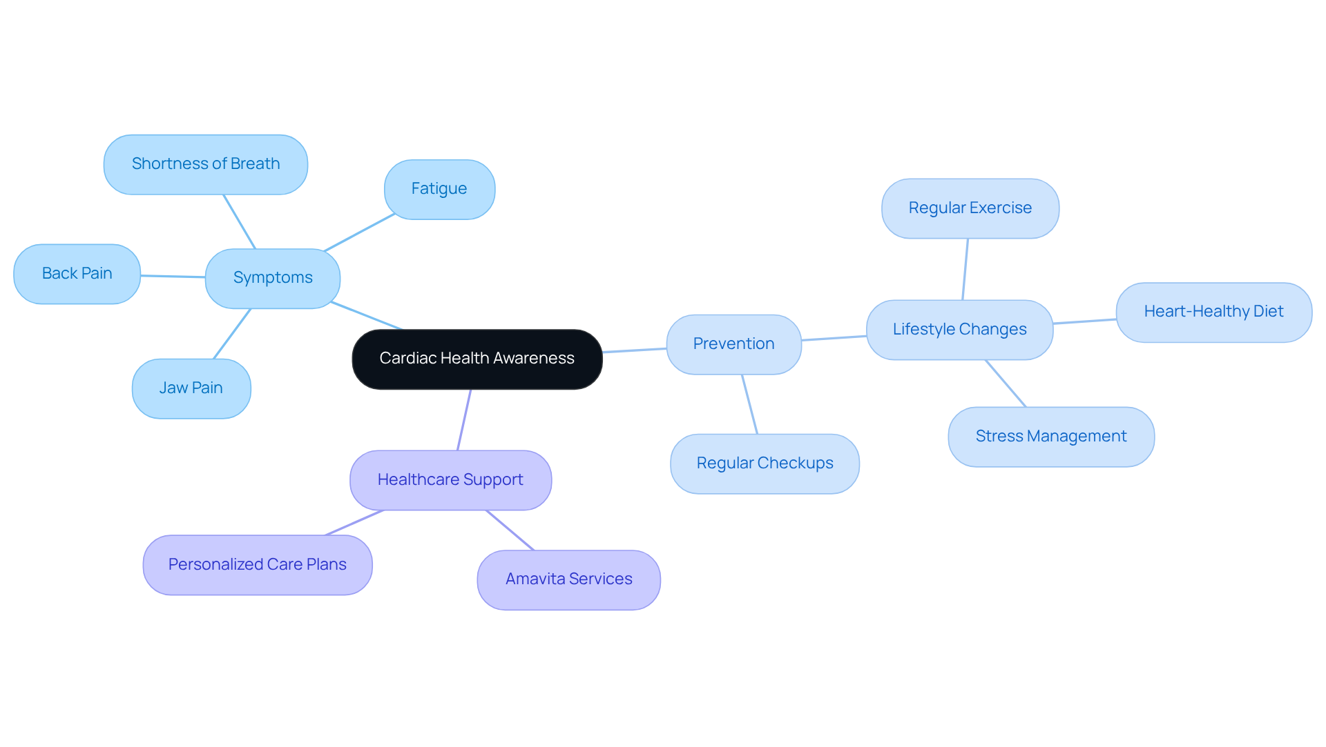The center represents the overall theme of cardiac health. Each branch shows different aspects: symptoms to watch for, ways to prevent heart issues, and the support available from healthcare providers.