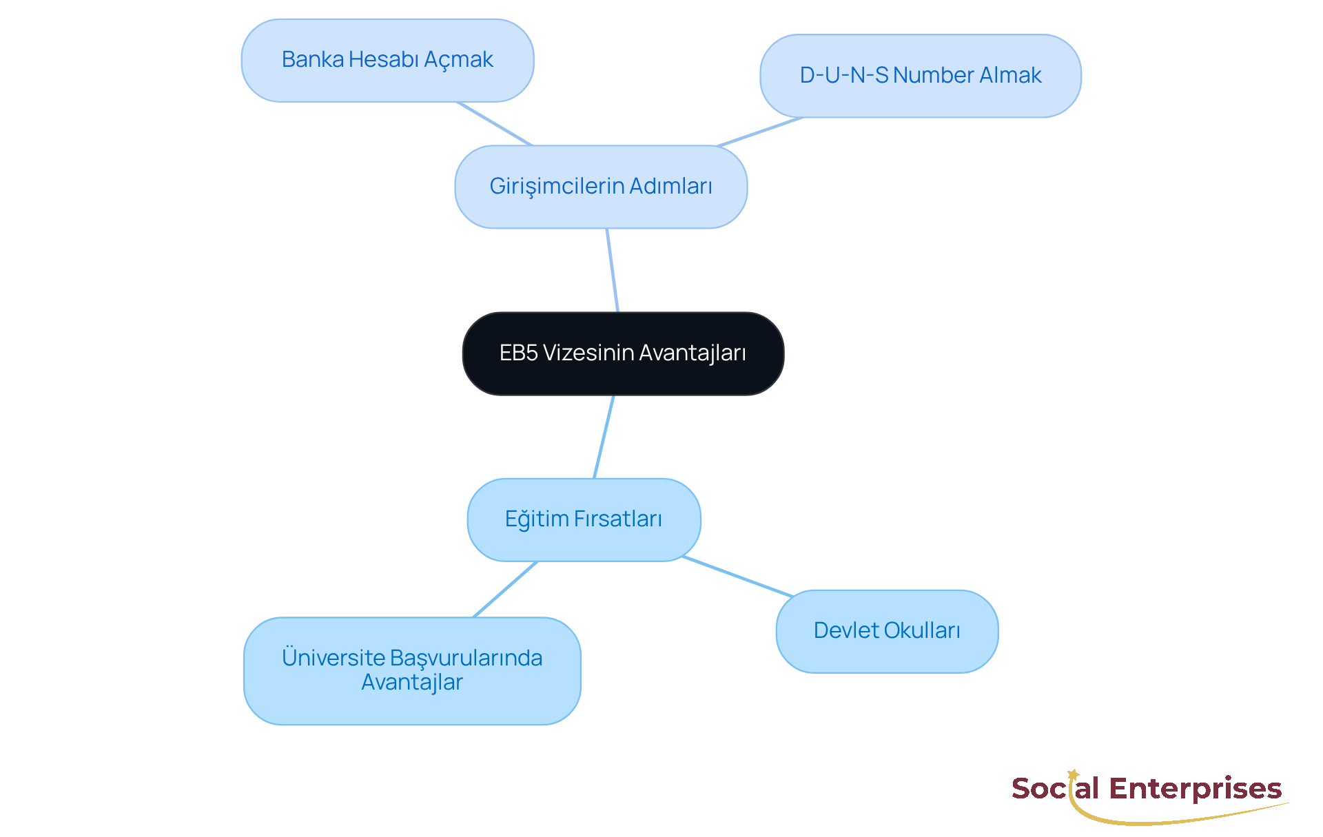 Merkezdeki başlıktan başlayarak, eğitim fırsatları ve girişimcilerin izlemesi gereken adımlar gibi konulara doğru dallanmayı takip edebilirsiniz. Her bir dal, EB5 vizesinin avantajlarıyla bağlantılı olan önemli bilgileri temsil eder.