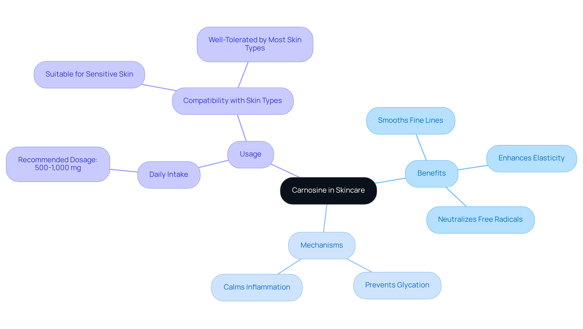 This mindmap illustrates how carnosine contributes to skincare. Start at the center with carnosine, then explore its benefits, mechanisms, and how to use it. Each branch shows a different aspect of how carnosine can help improve your skin's appearance. This mindmap illustrates how carnosine contributes to skincare. Start at the center with carnosine, then explore its benefits, mechanisms, and how to use it. Each branch shows a different aspect of how carnosine can help improve your skin's appearance.