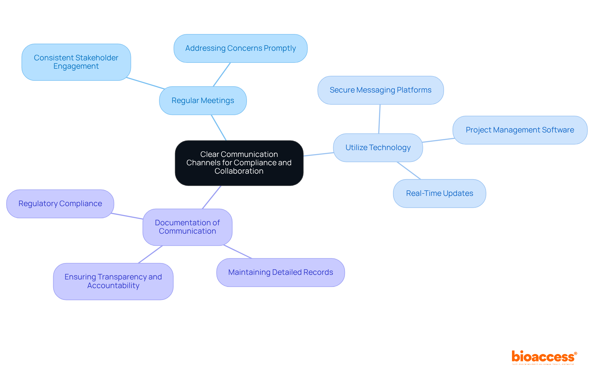 Start at the center with the main theme of communication channels, then explore each strategy and its details by following the branches outward.