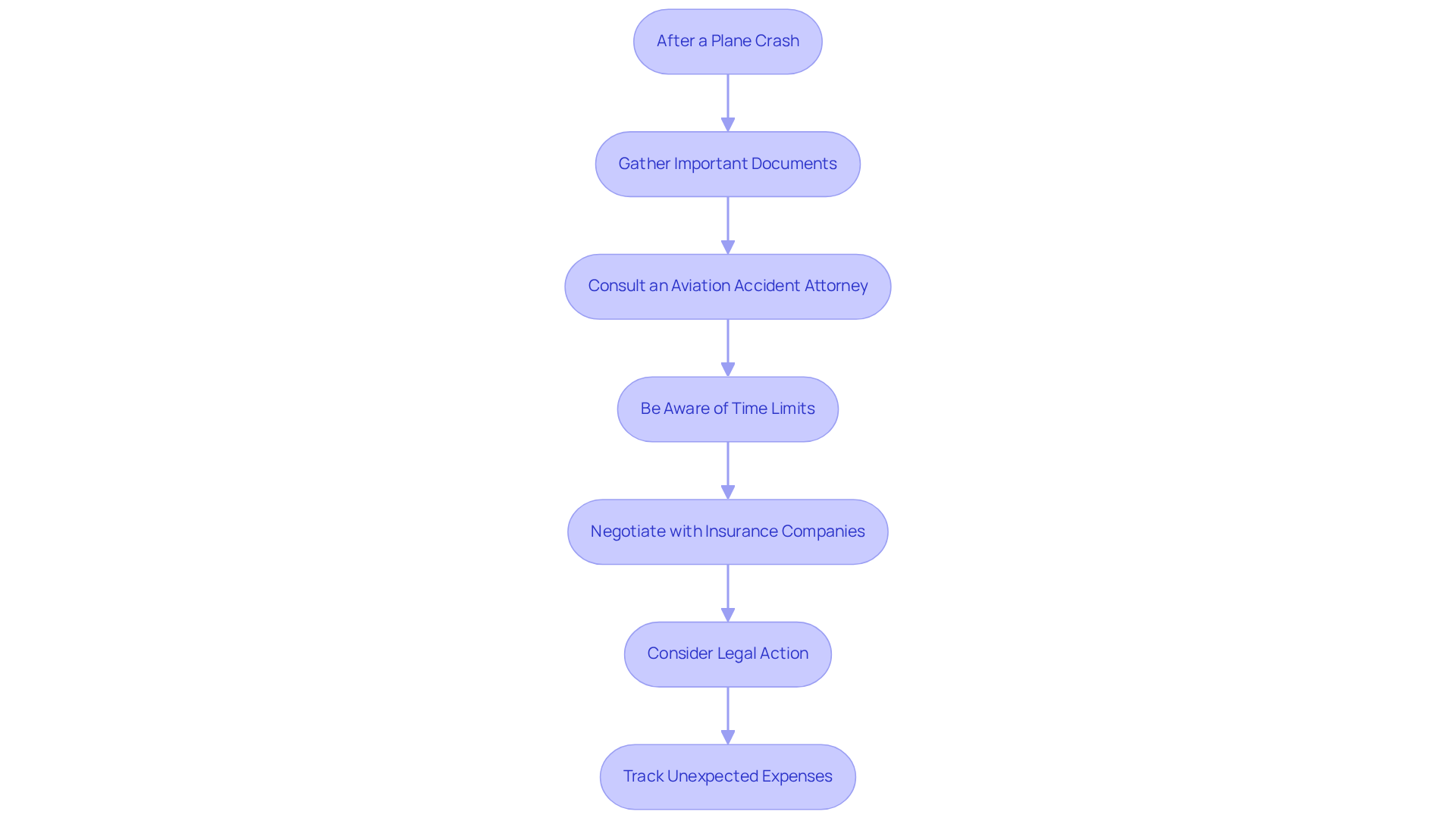 Each box represents a step families should take after a plane crash. Follow the arrows to see the order of actions that can help in seeking justice and compensation.