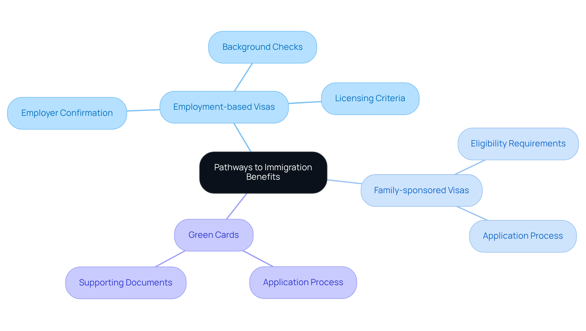 The central node represents the main topic, while the branches show different visa types and their requirements. Each color-coded branch helps you easily identify the pathways available to you.