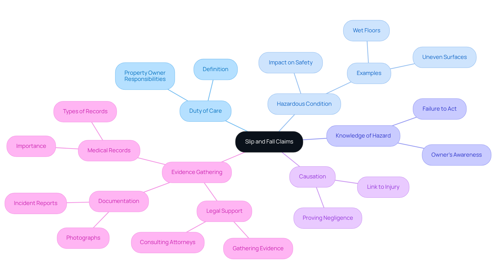 The central node represents the overall topic of slip and fall claims. Each branch details critical components and actions needed to build a strong case, helping you visualize the steps and considerations necessary for your claim.