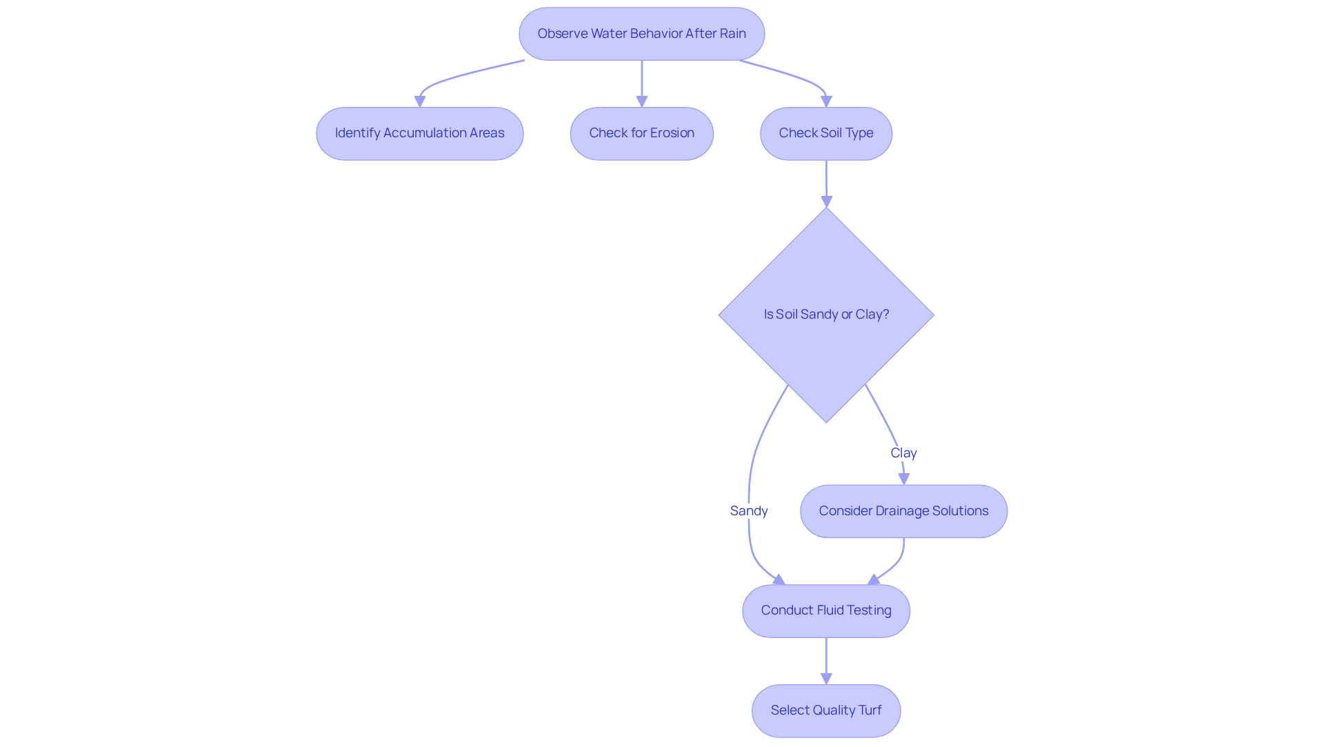 Follow the arrows to see how to assess your yard's drainage. Each step guides you through observing water behavior, checking soil type, and considering solutions to improve drainage.