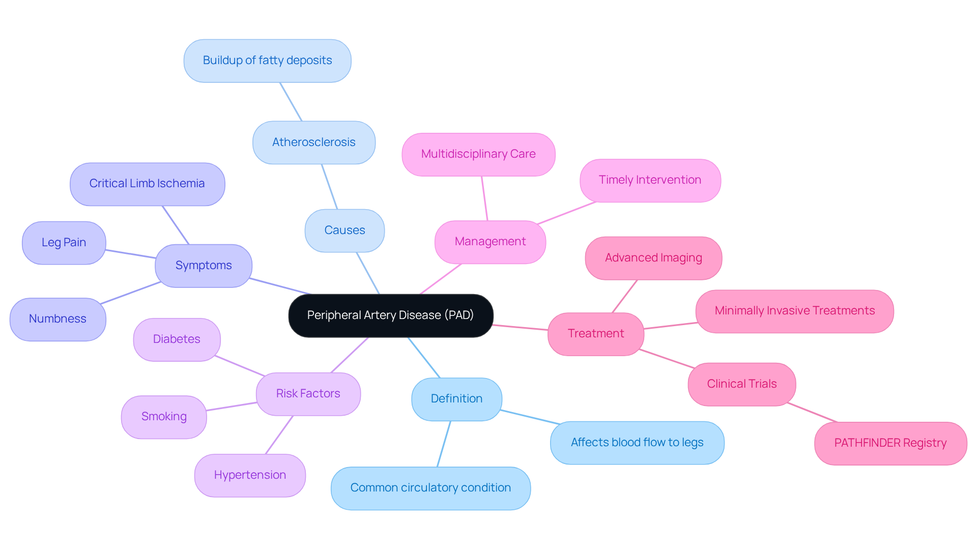 The central node represents PAD, and each branch shows different aspects of the disease. Follow the branches to explore its definition, causes, symptoms, risk factors, and treatment options.