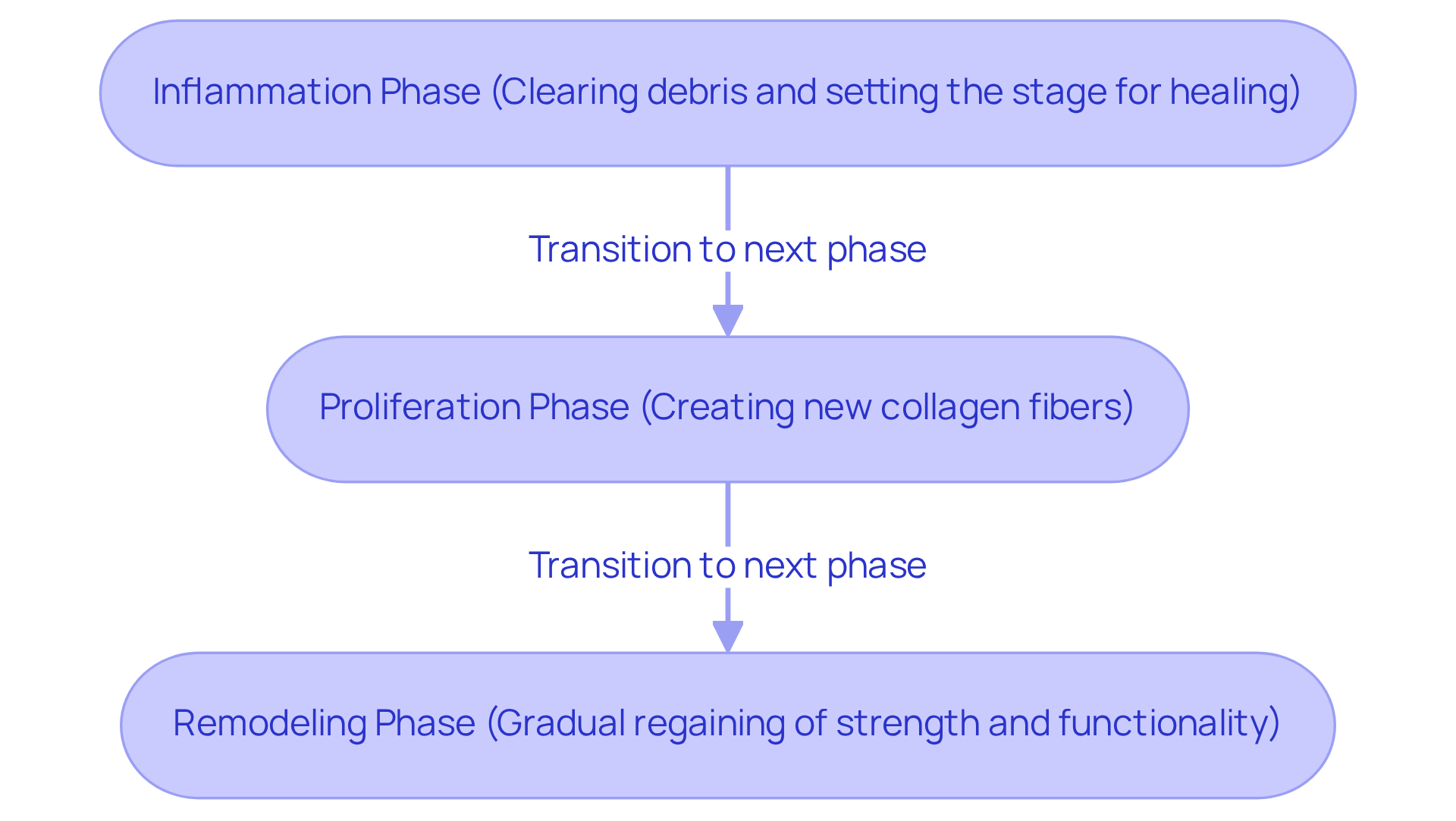 This flowchart shows the healing process of tendons. Each box represents a stage: the first is where the body starts healing, the second is when new tissue forms, and the last is when the tissue strengthens over time. Follow the arrows to see how each stage leads to the next.