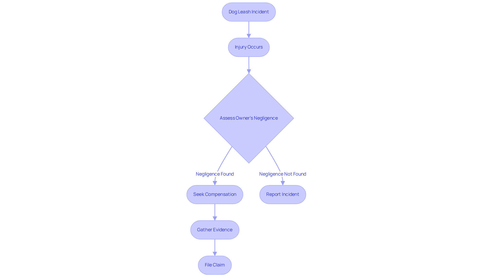 This flowchart outlines the steps a victim can take after an injury caused by a dog. Start at the top with the incident, then follow the arrows to see what actions can be taken next, including assessing the owner's responsibility and seeking compensation.
