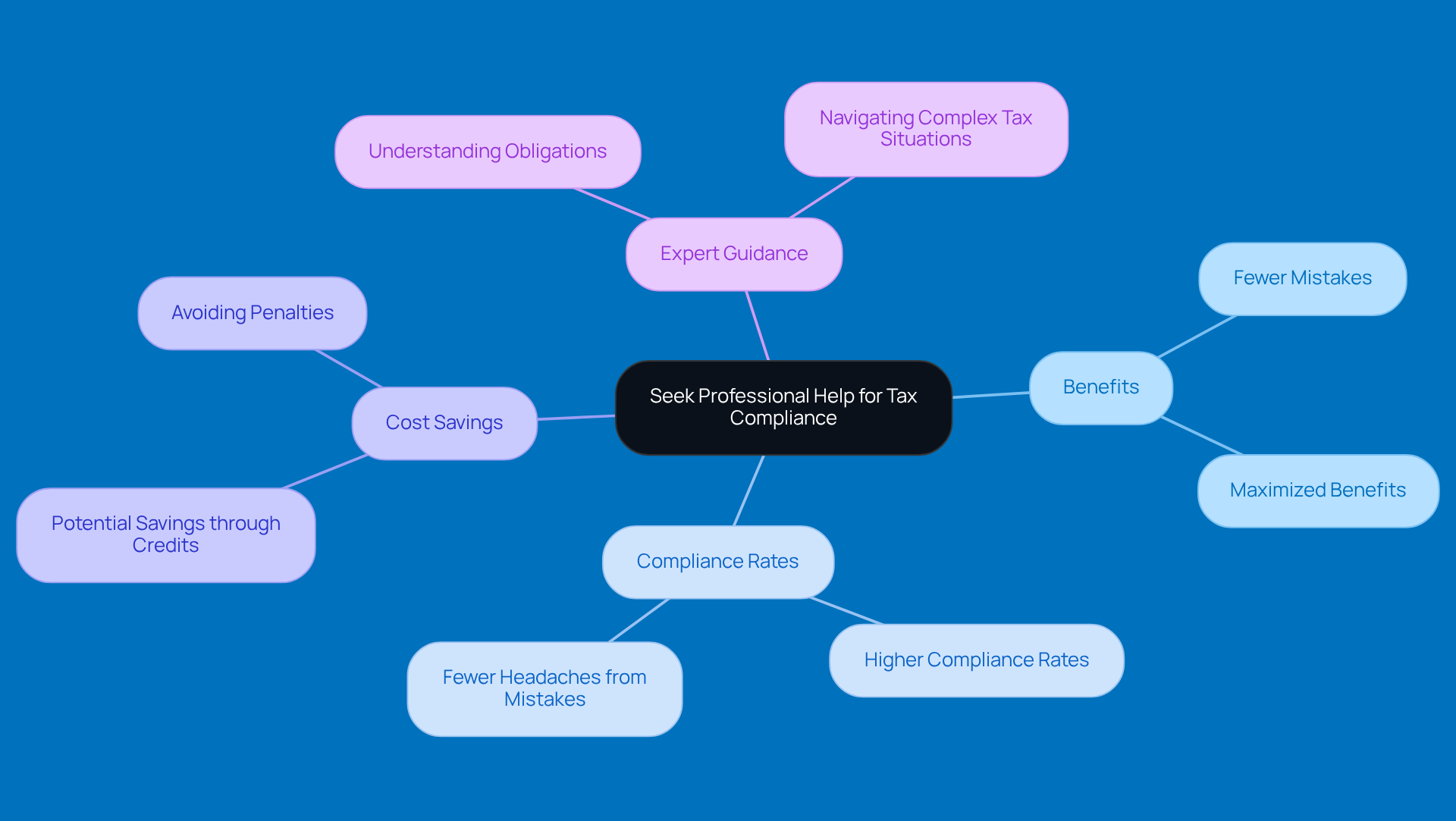 The center shows the main idea of seeking help, and the branches illustrate the various advantages, making it easy to understand how professional guidance can help with tax compliance.