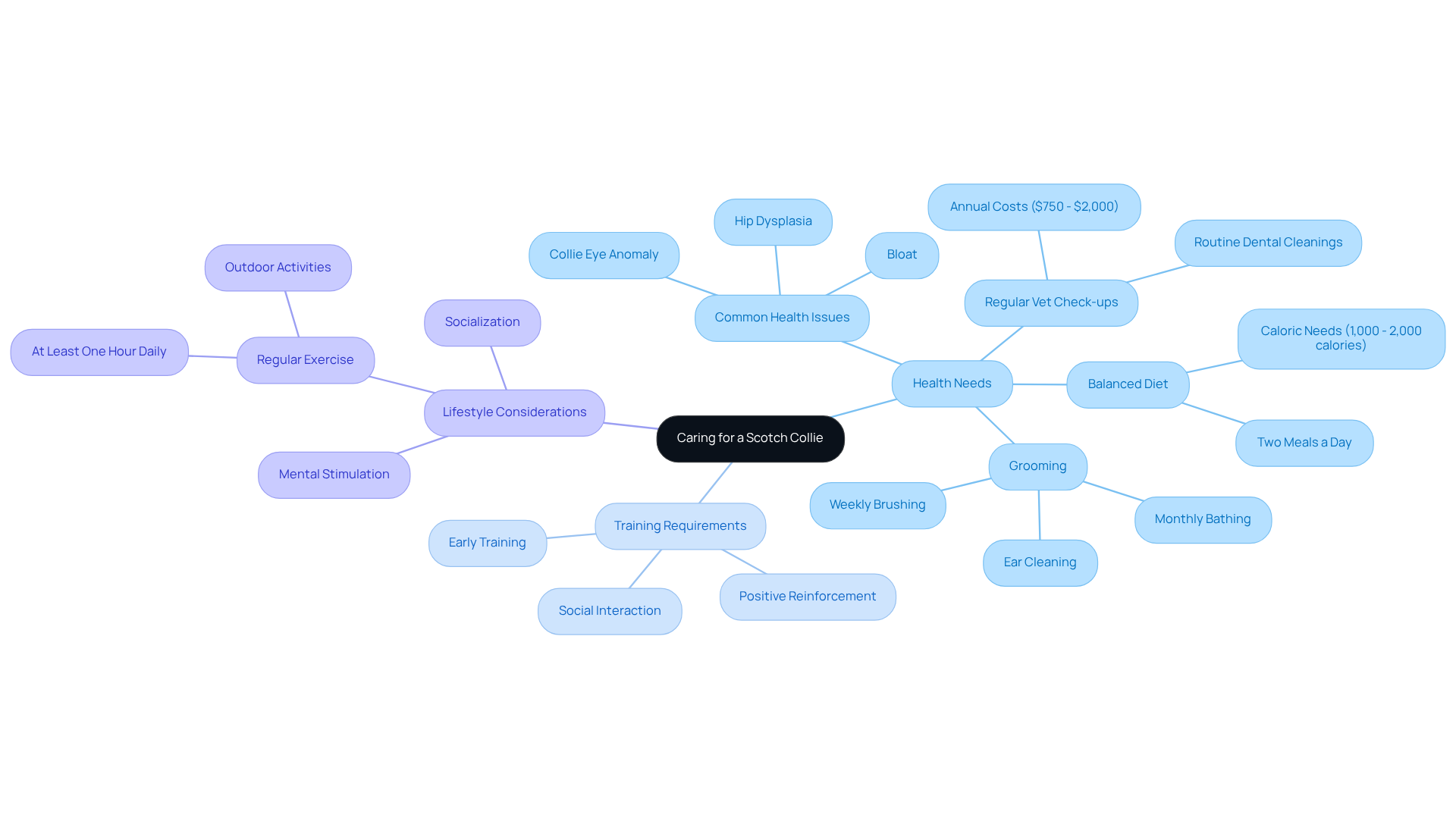 The central idea is the care for Scotch Collies, with branches showing specific areas like health, training, and lifestyle. Each sub-branch lists actions needed to meet those requirements, helping you understand how to provide the best care. The central idea is the care for Scotch Collies, with branches showing specific areas like health, training, and lifestyle. Each sub-branch lists actions needed to meet those requirements, helping you understand how to provide the best care.