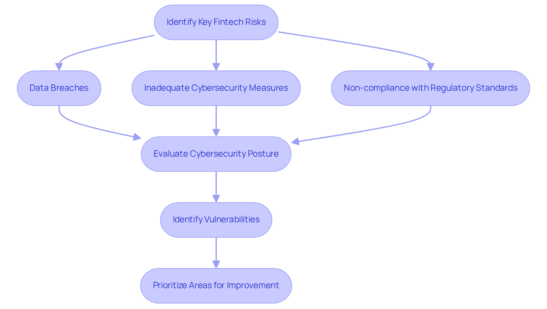 This flowchart shows the key fintech risks and the steps to assess them. Start with the risks at the top, then follow the arrows down to see how to evaluate and improve your organization's defenses.