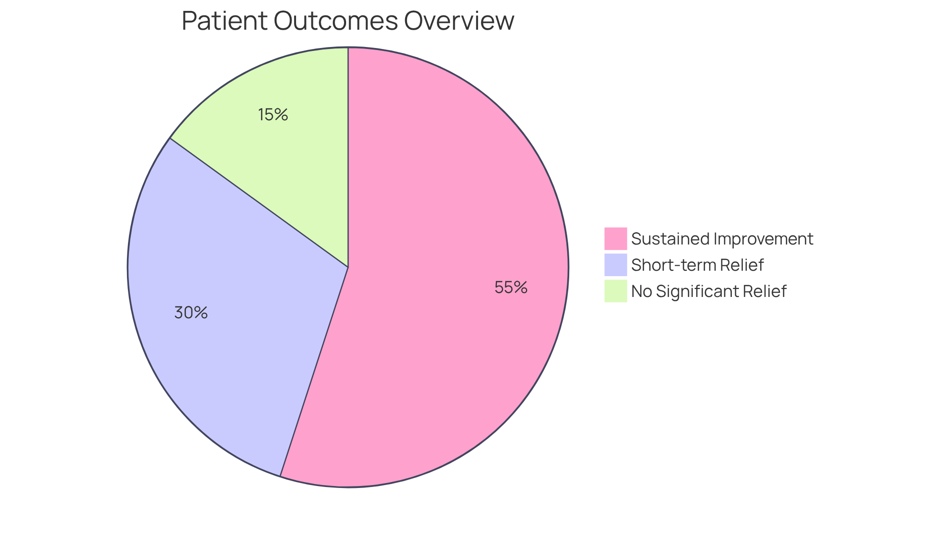 This chart shows how many patients experience different levels of pain relief after their treatment. The bigger the slice, the more patients fall into that category. For example, the 'Sustained Improvement' slice represents those who felt a significant reduction in pain for at least a month. This chart shows how many patients experience different levels of pain relief after their treatment. The bigger the slice, the more patients fall into that category. For example, the 'Sustained Improvement' slice represents those who felt a significant reduction in pain for at least a month.