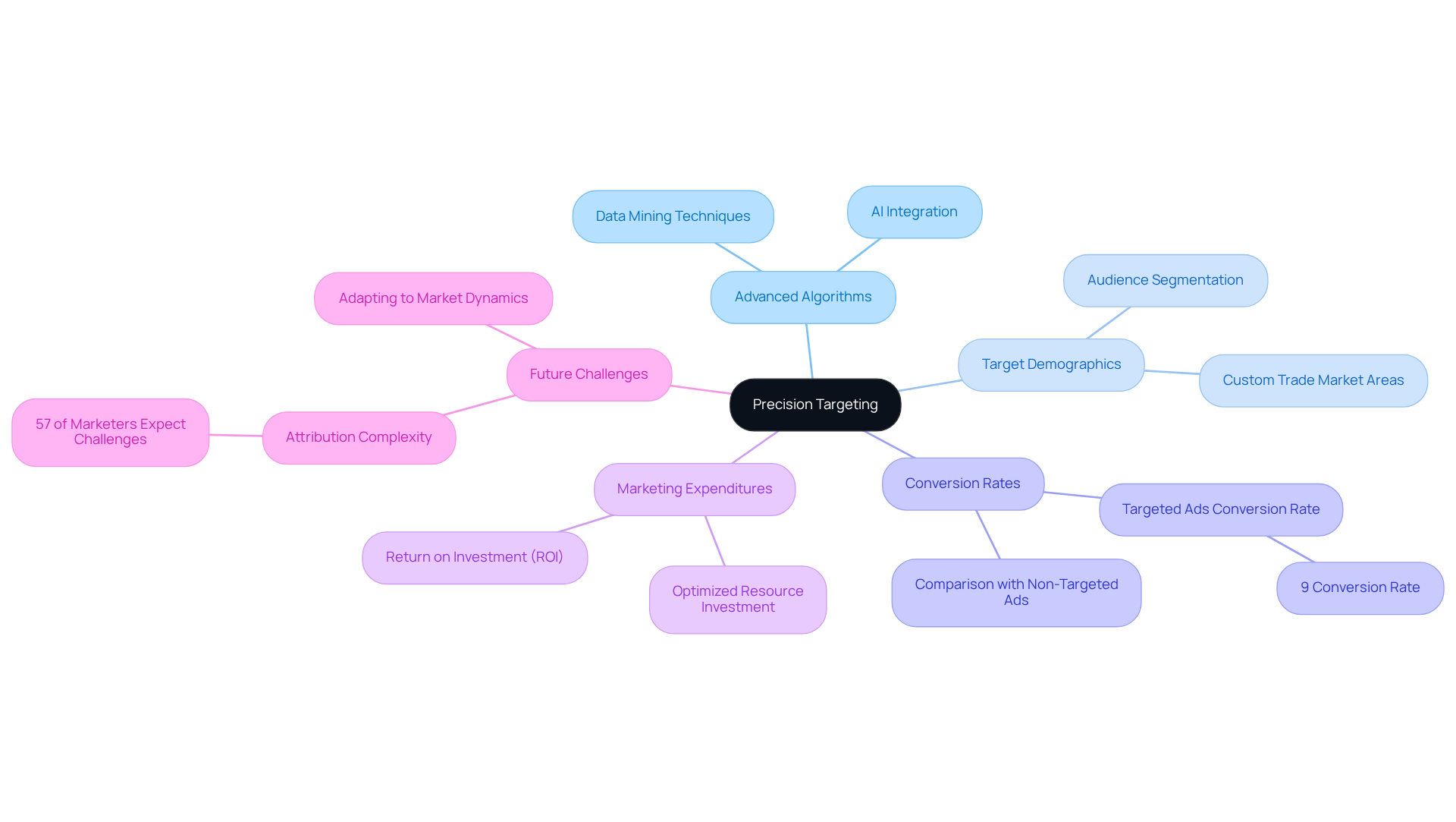 The central node represents the main concept of precision targeting. Each branch shows a key area related to this concept, with further details available in the sub-branches. The colors help differentiate between the various aspects, making it easier to follow the connections.