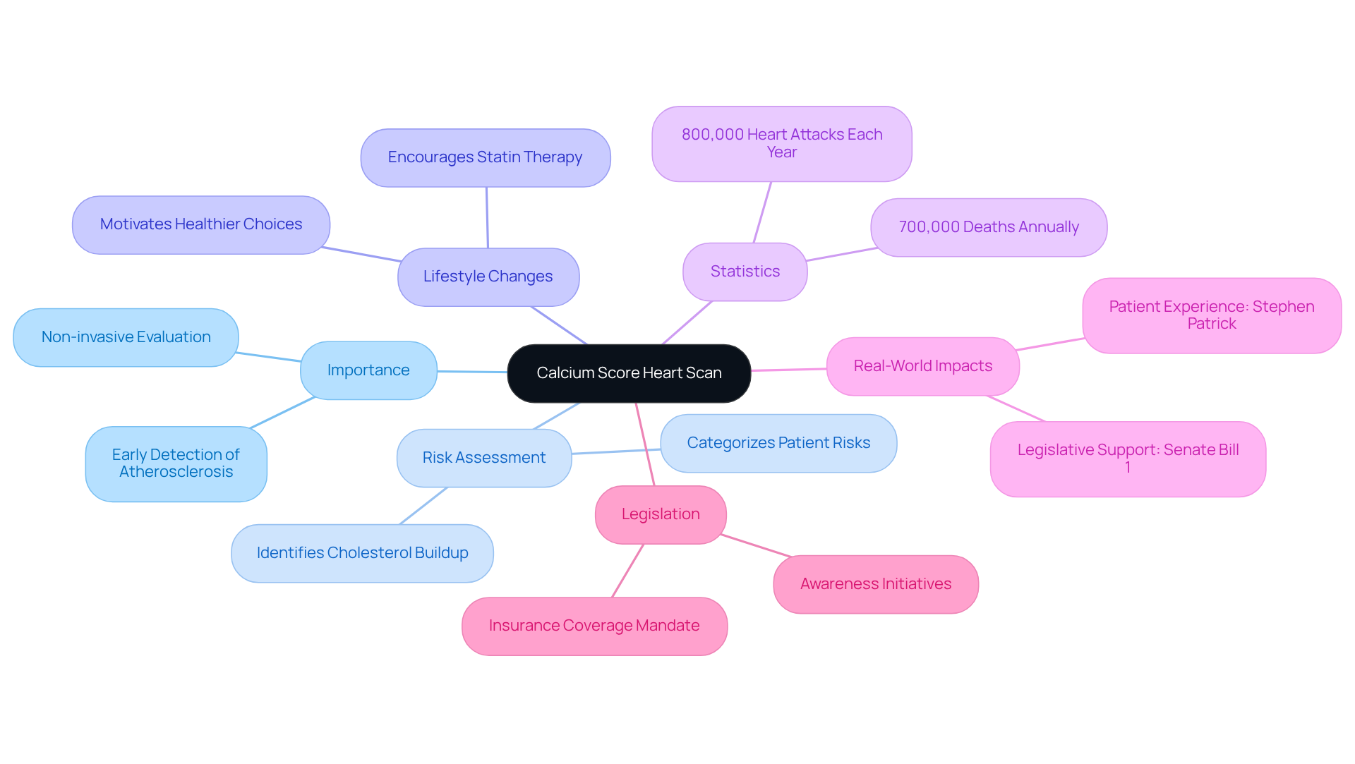 The central node represents the calcium score heart scan. Each branch highlights a critical area related to the test, showing how it connects to broader topics like health risks, lifestyle choices, and legislative support.
