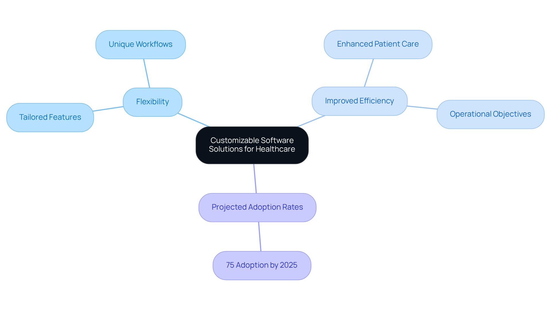 The mindmap starts at the center with the main theme and branches out to show how flexibility, efficiency, and future trends are all connected to customizable software in healthcare.