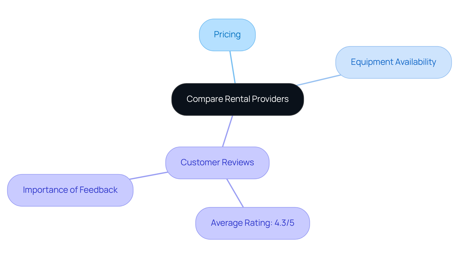 The central node represents the main topic of comparing rental providers. Each branch highlights a key factor to consider, with additional details under 'Customer Reviews' to emphasize the importance of ratings and feedback.