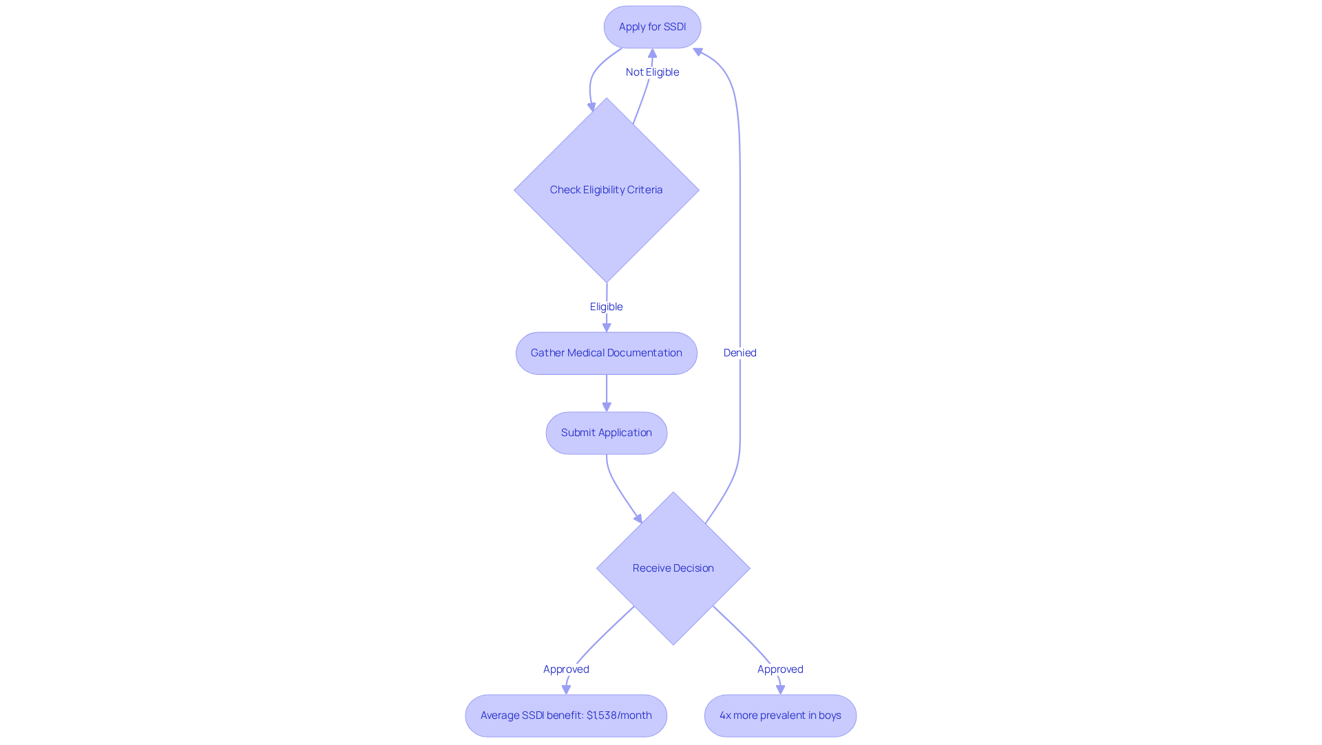 Each box in the flowchart represents a step in the SSDI application process. The notes alongside highlight important statistics that support the need for SSDI, illustrating the financial context for families. Each box in the flowchart represents a step in the SSDI application process. The notes alongside highlight important statistics that support the need for SSDI, illustrating the financial context for families.