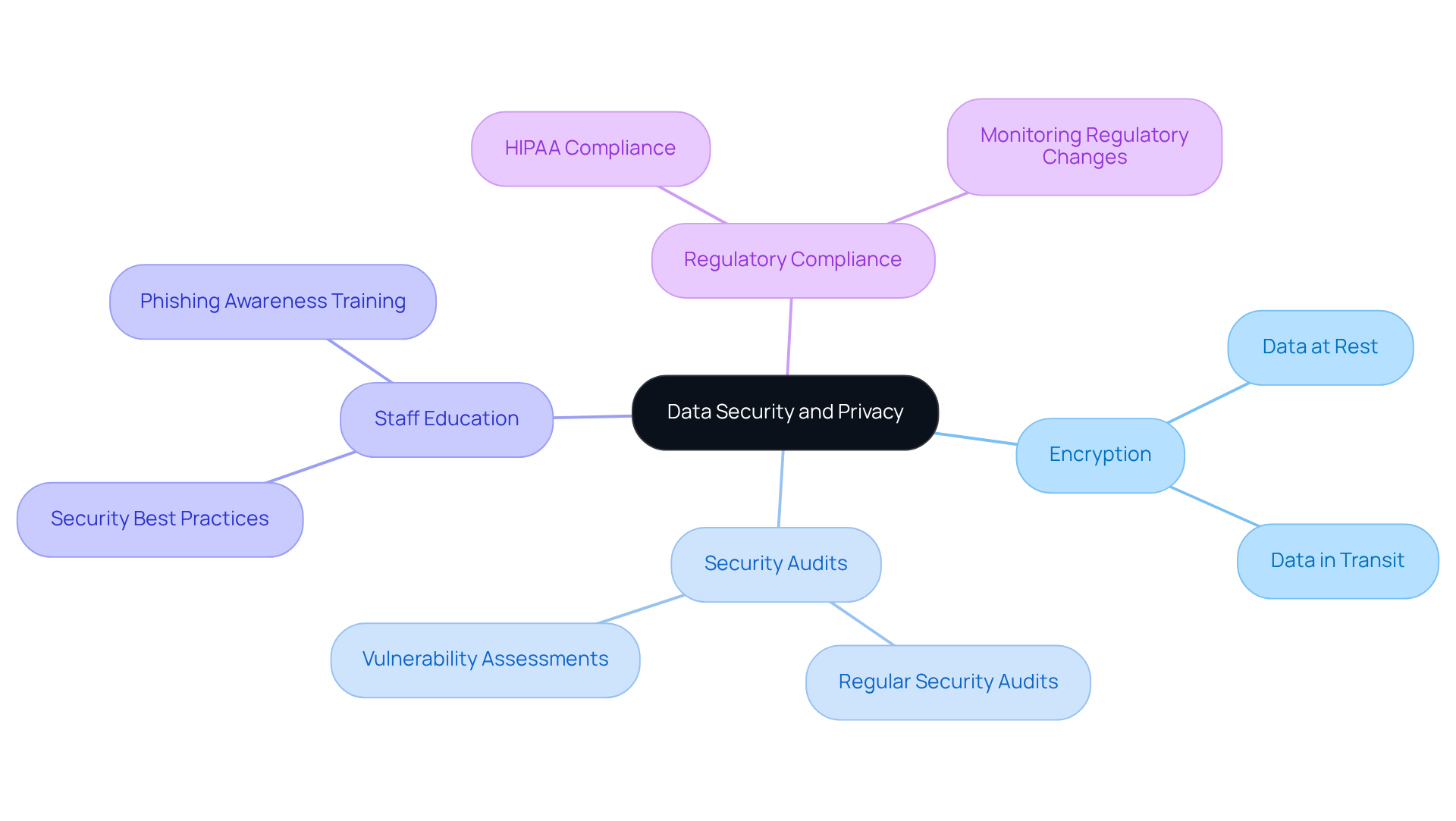 The center represents the main focus on data security and privacy, while the branches show key strategies to achieve this goal. Each strategy is a pathway to better protecting patient information.