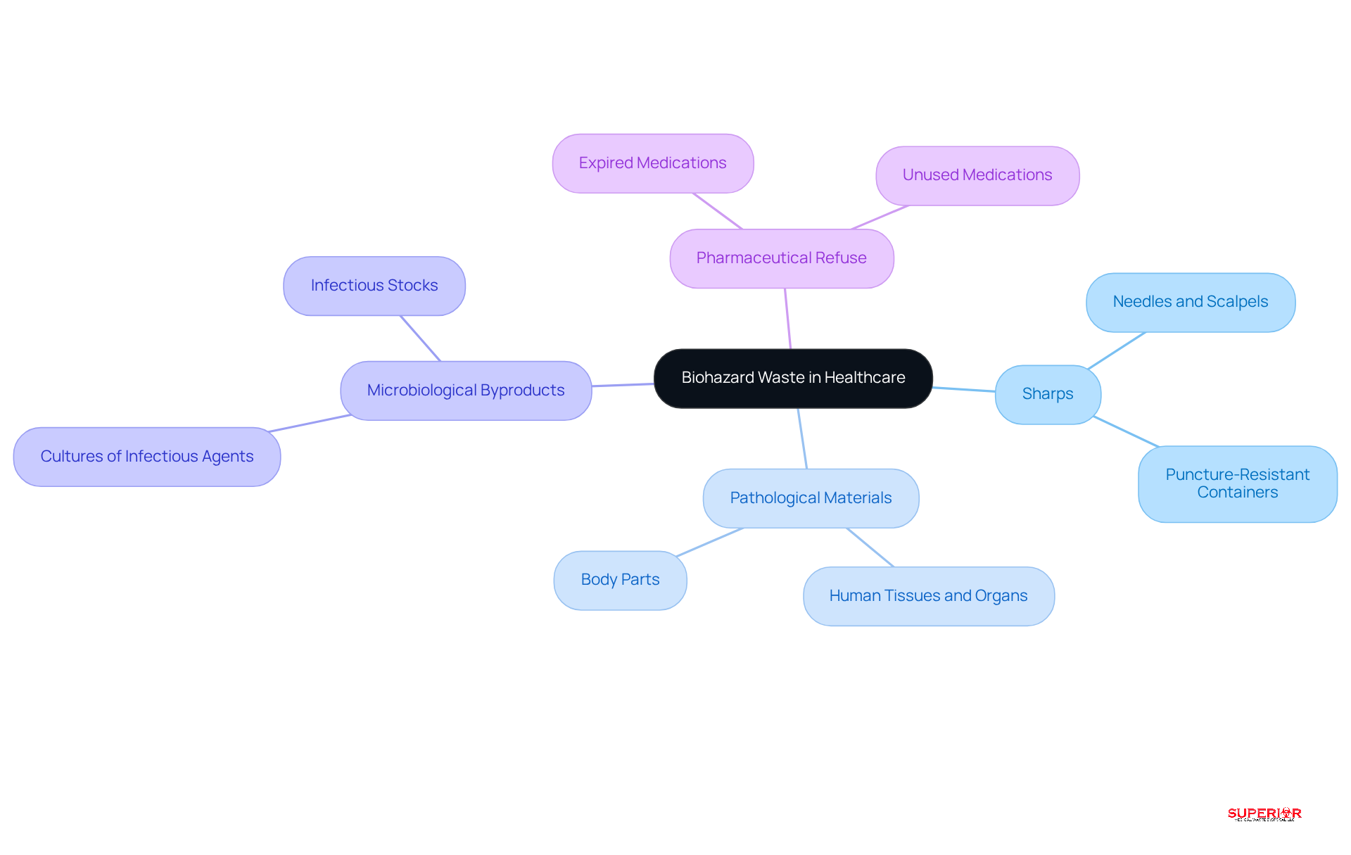 The central node represents biohazard waste, while the branches show the different categories. Each category is important for understanding how to manage hazardous materials safely and effectively.