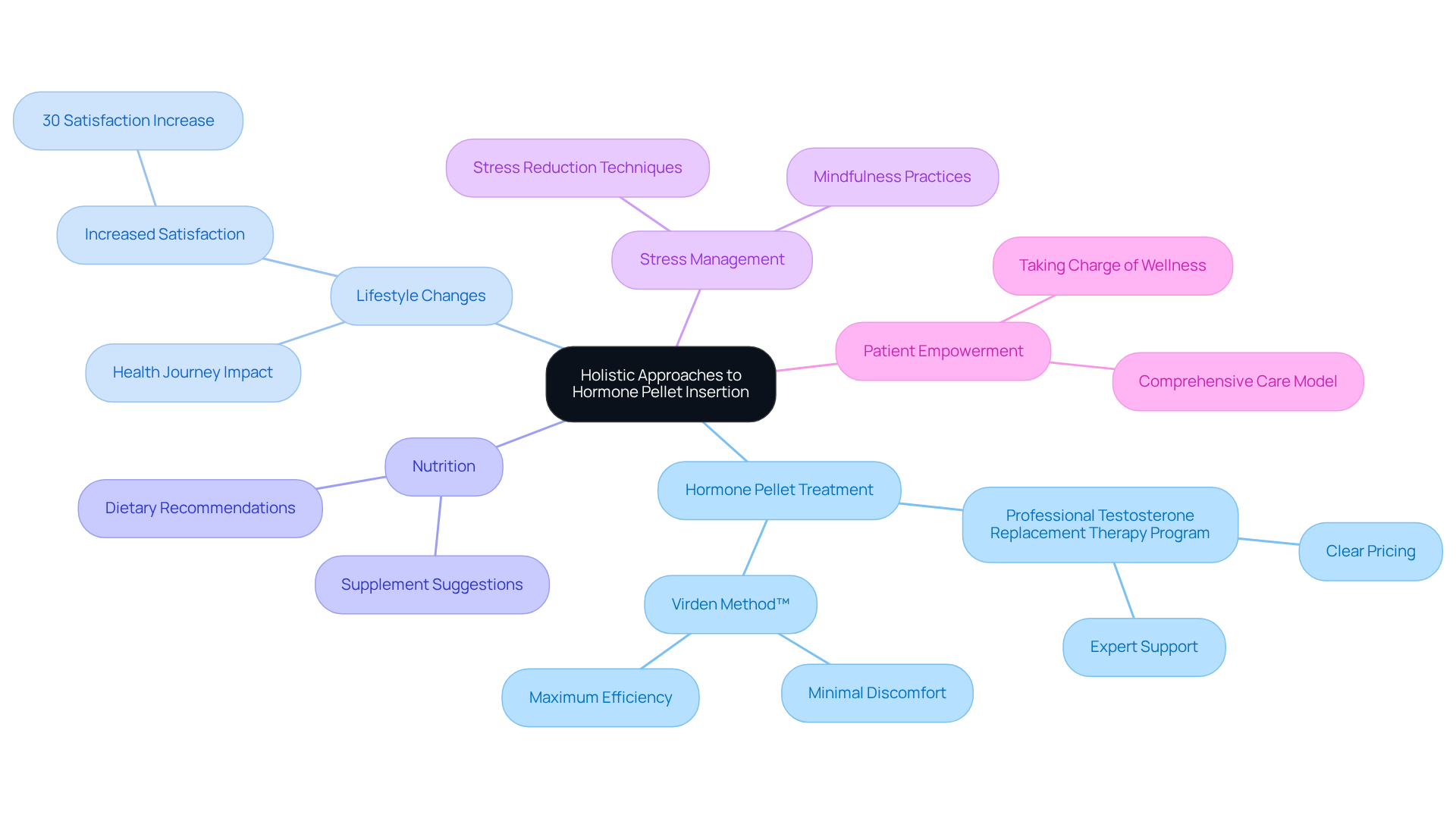 The center represents the main theme of holistic wellness in hormone treatment. Each branch shows different aspects of care, illustrating how they contribute to overall health and treatment success.