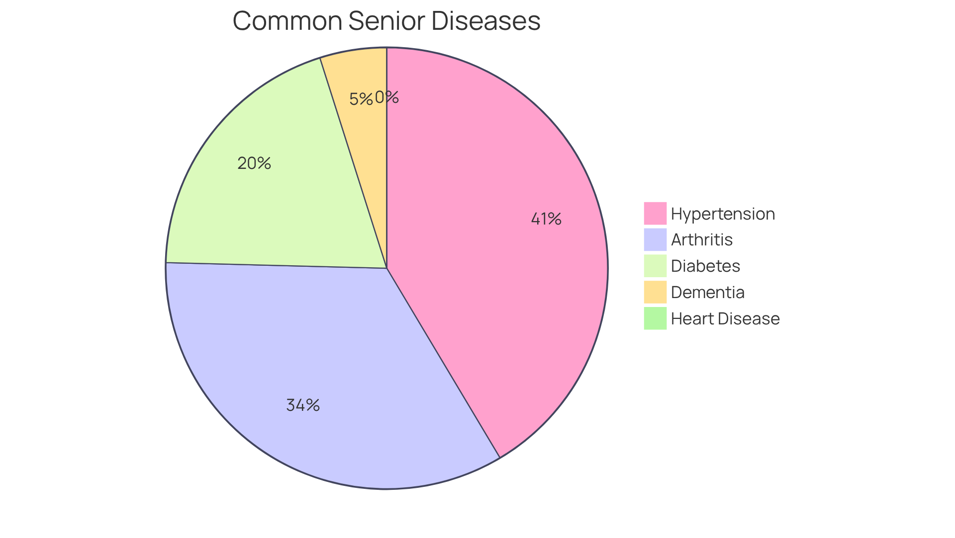Each slice of the pie represents a common disease among seniors. The size of the slice corresponds to how many older adults are affected by that disease: the larger the slice, the more seniors are impacted.