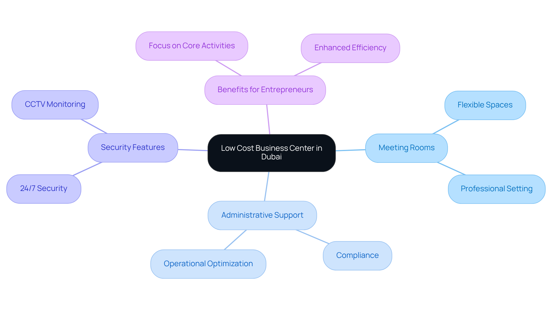 The center is represented at the center, with branches showing different facilities and services. Each branch highlights how these elements support new businesses in Dubai.