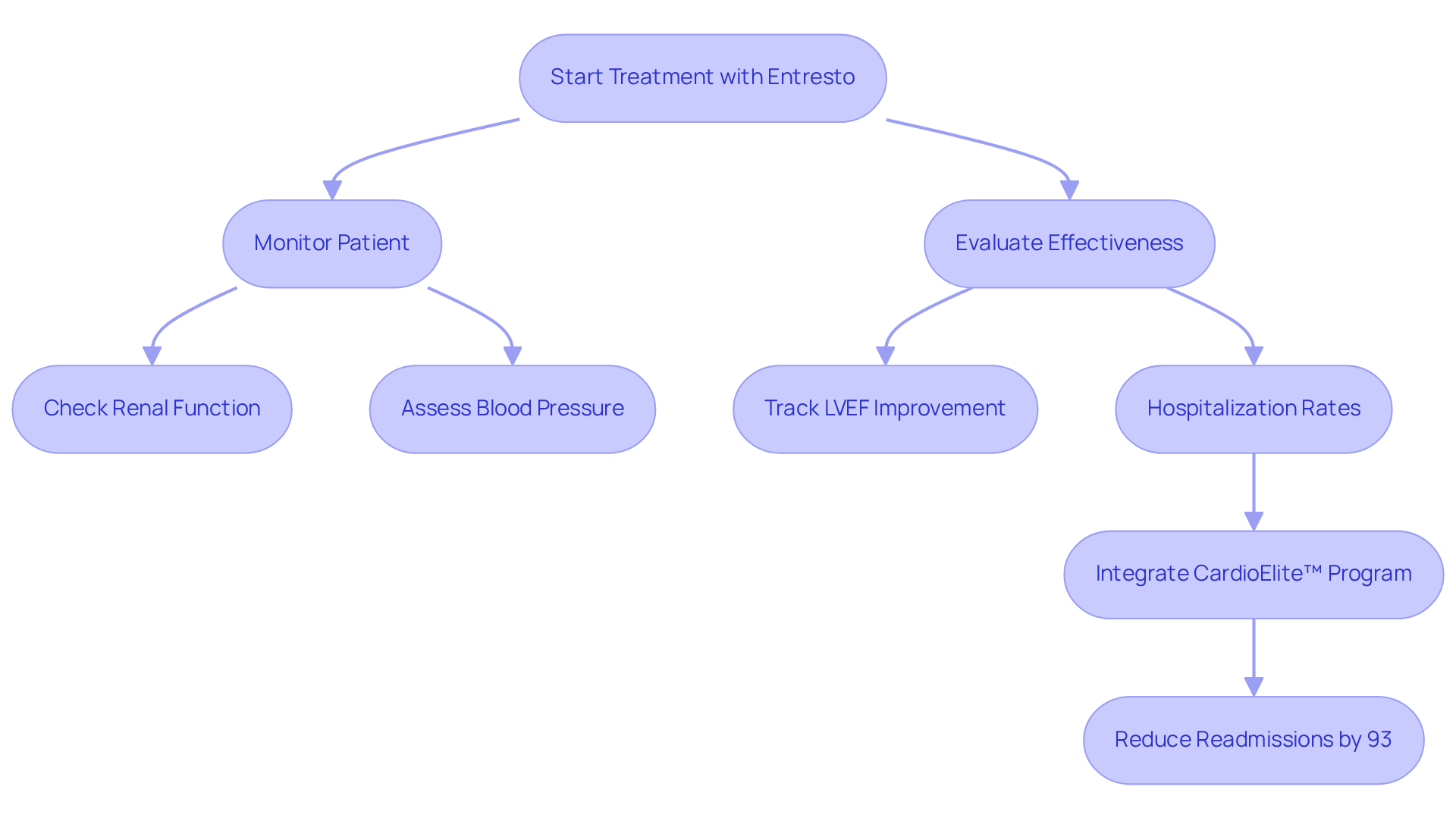 Follow the arrows to see how the treatment process works: starting with Entresto, monitoring the patient, evaluating results, and finally integrating support programs to enhance patient care.