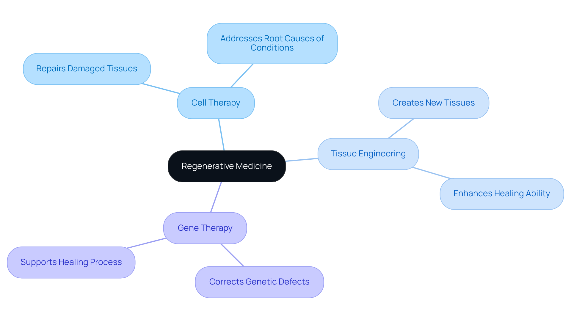 This mindmap illustrates the main components of regenerative medicine. Start at the center with the overall concept, then follow the branches to explore each key area and its specific contributions to healing. Each color-coded branch helps you see how these components work together to promote recovery and improve patient outcomes.