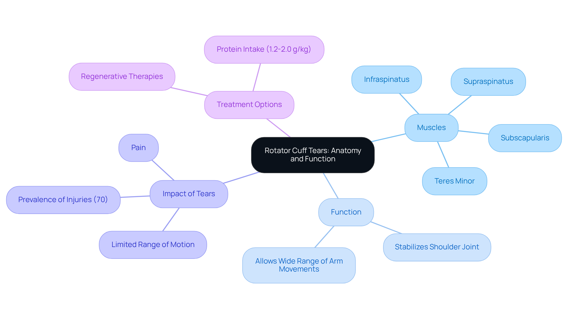 The central node represents the main topic, while the branches show different aspects of the rotator cuff, including its muscles, functions, the effects of tears, and treatment strategies. Each color-coded branch helps you navigate through the information easily.