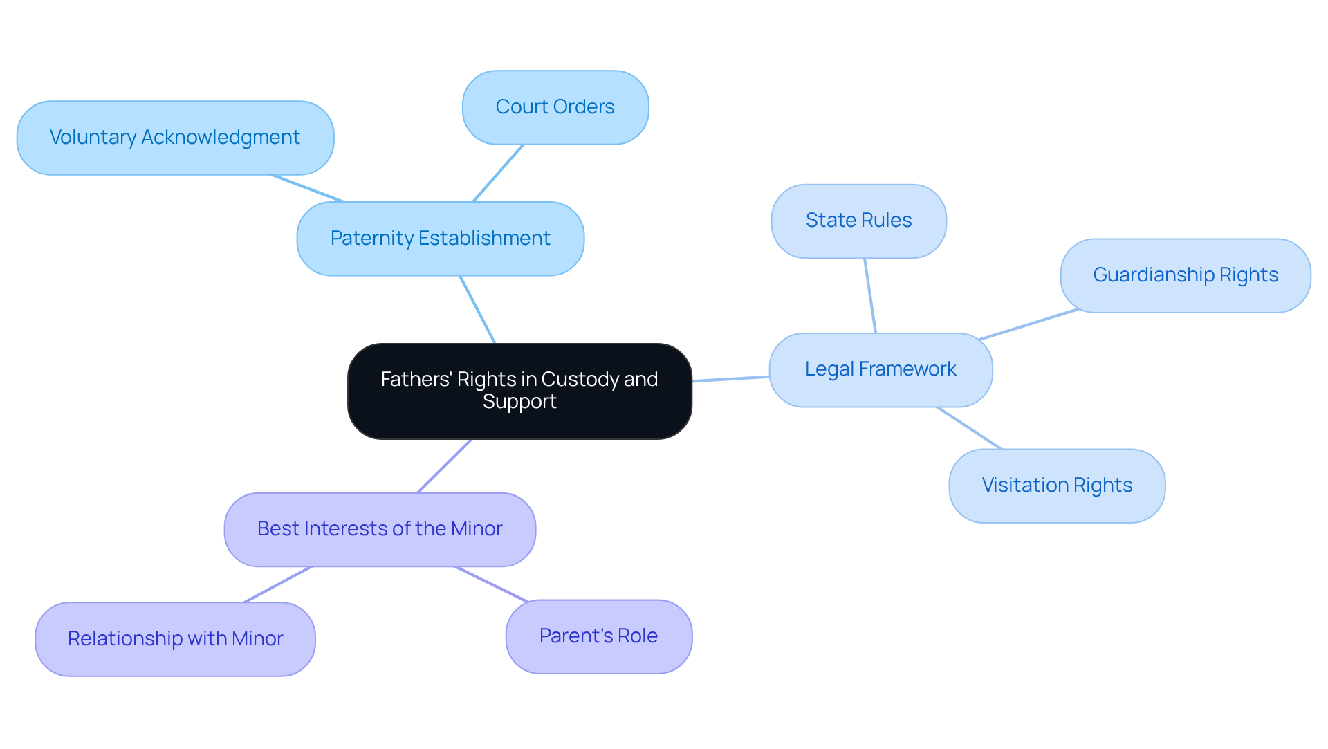 This mindmap illustrates the key components of fathers' rights in custody and support matters. Start at the center with the main topic, then explore the branches to understand how paternity, legal frameworks, and the best interests of the child are interconnected. Each branch represents a crucial aspect of the legal landscape that fathers need to navigate.