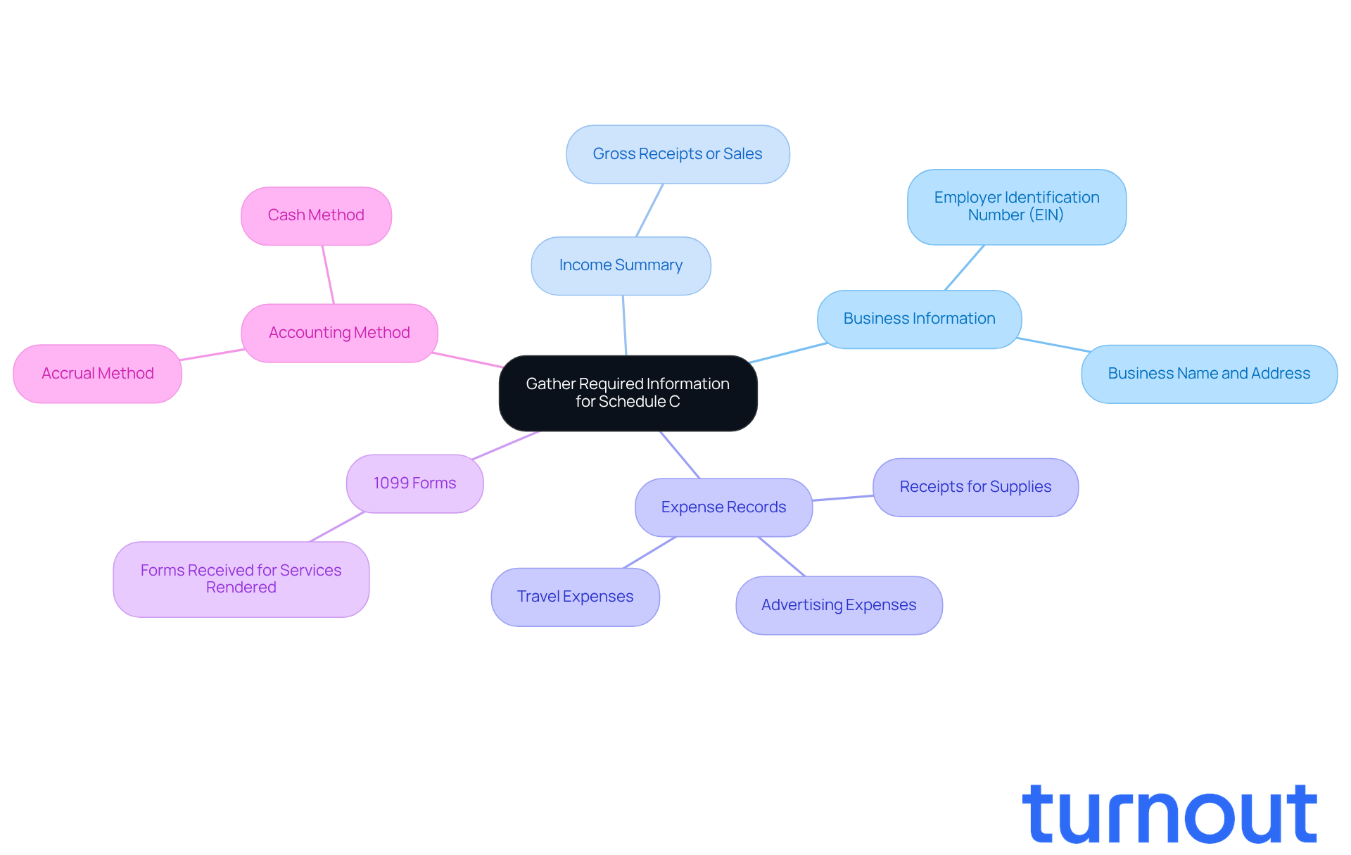 The center represents the main task of gathering information for Schedule C. Each branch shows a category of documents you need, with further details listed underneath. This helps you see what you need at a glance!
