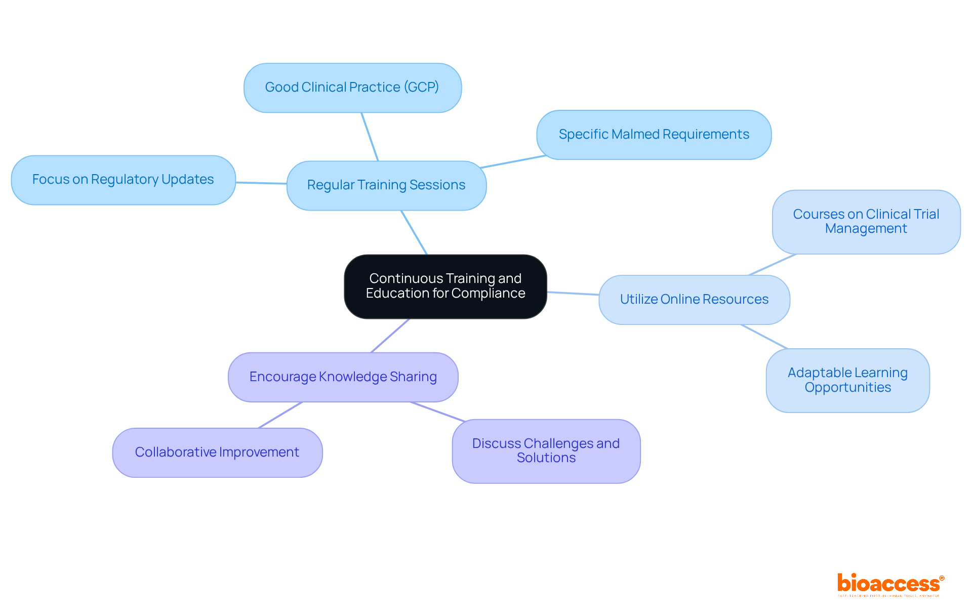 The center represents the main focus on training and education, while the branches show specific practices that support this goal. Each branch highlights a different approach to maintaining compliance.