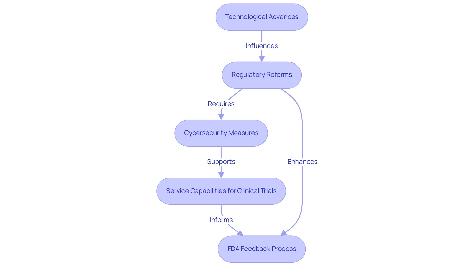 Each box represents a key element in the FDA regulatory process, with arrows indicating the flow and relationships between these elements.