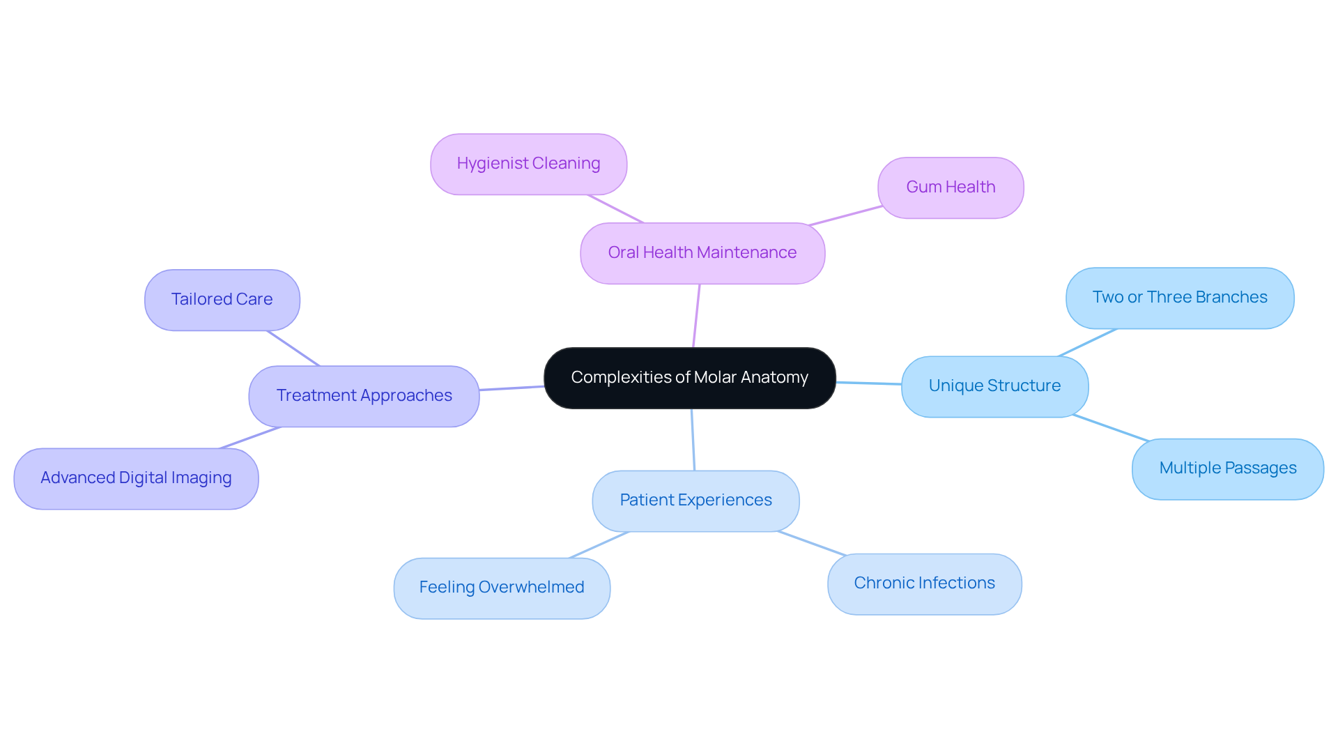 This mindmap helps you visualize the complexities of molar anatomy and how they relate to patient care. Each branch represents a different aspect of molar health, from their unique structures to the treatments available, making it easier to understand how everything connects.