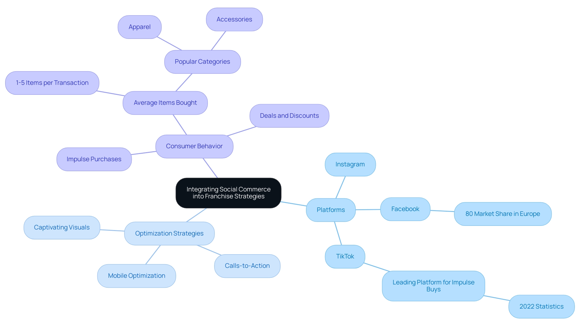 The central node represents the main theme, with branches detailing platforms, optimization strategies, and consumer behavior insights.