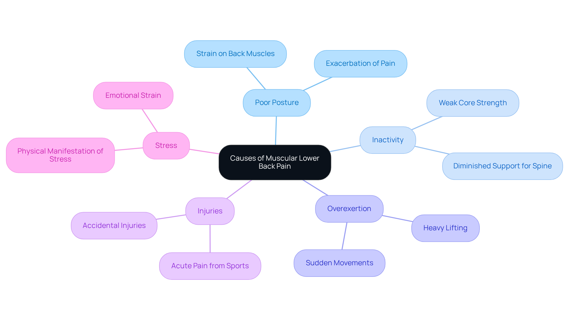 The central node represents the main issue of muscular lower back pain. Each branch shows a different cause, and the sub-branches provide more details about how these causes affect your back health. Follow the branches to see how everything connects!