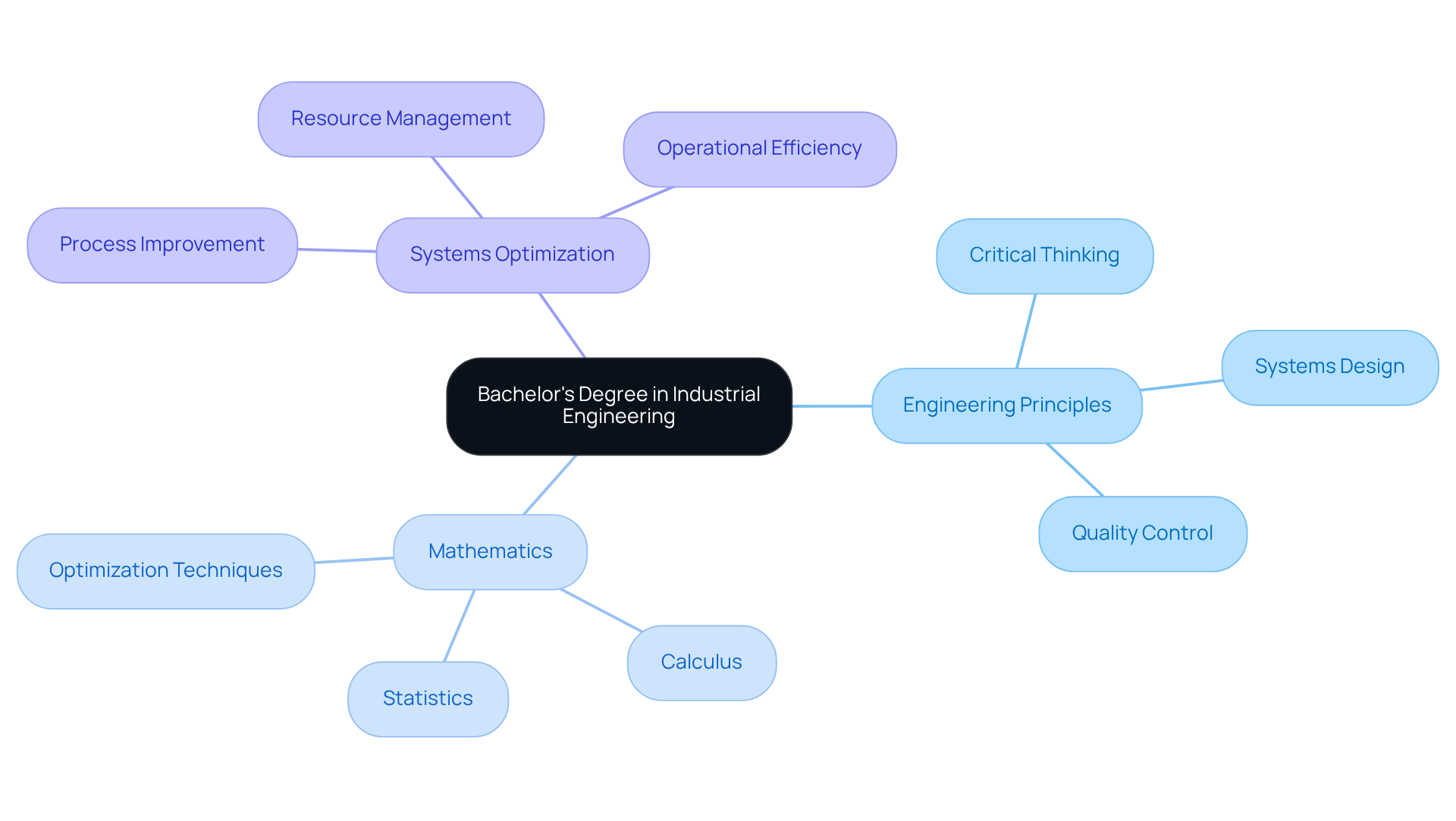 The central node represents the degree requirement, while the branches show the essential areas of knowledge and skills that candidates need for success in industrial engineering. The central node represents the degree requirement, while the branches show the essential areas of knowledge and skills that candidates need for success in industrial engineering.