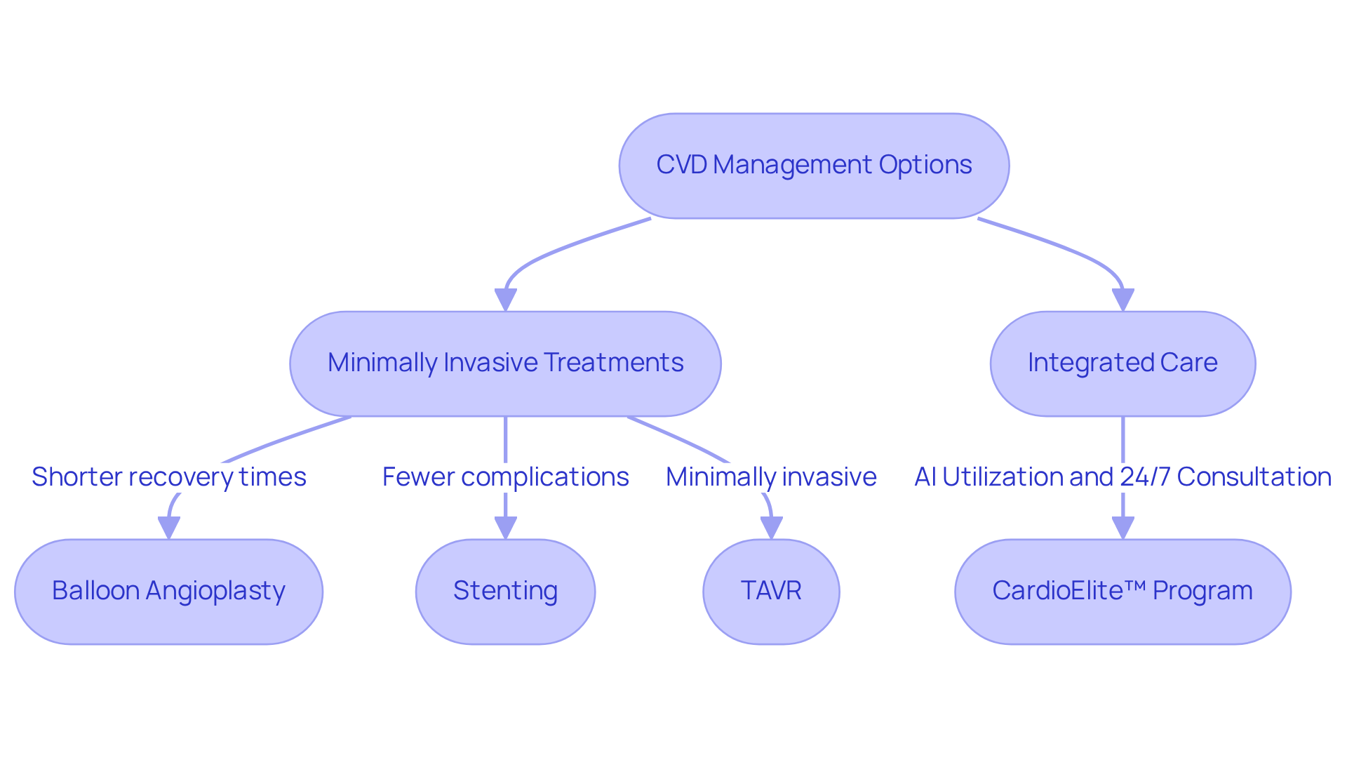 This flowchart outlines the options available for managing cardiovascular disease. Start with the main treatment options, then see how they connect to integrated care solutions that enhance patient outcomes. Each box represents a key component in the management process.