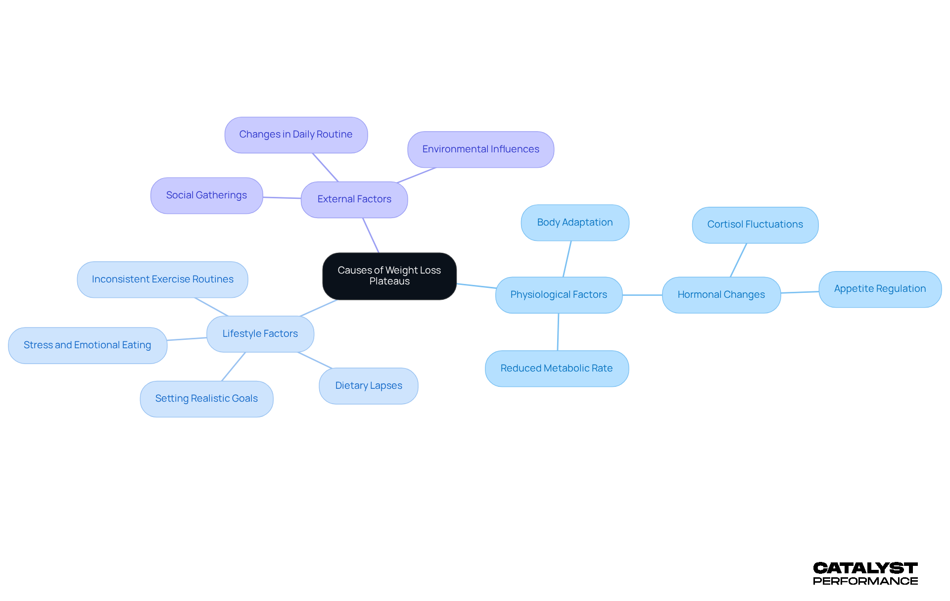 The center represents the overall topic of weight loss plateaus, while the branches show the main causes. Each sub-branch provides specific details about how these factors contribute to plateaus, helping you visualize the complexity of the issue.