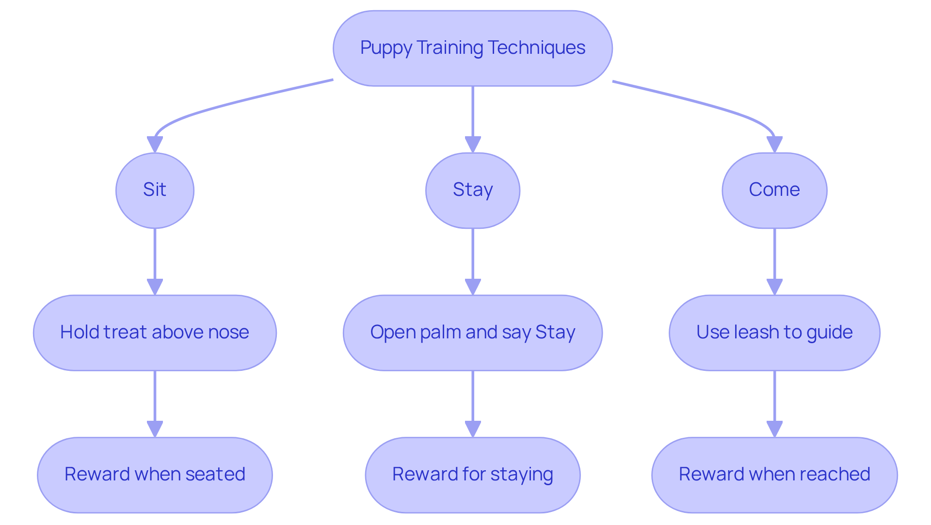 This flowchart shows you the steps to teach your puppy essential commands. Follow the arrows from one step to the next, and you'll see how to guide your furry friend through training! This flowchart shows you the steps to teach your puppy essential commands. Follow the arrows from one step to the next, and you'll see how to guide your furry friend through training!