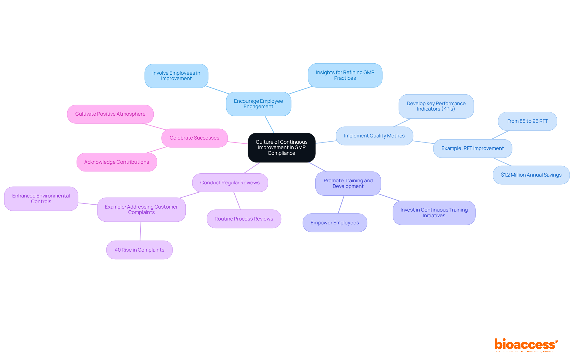 The central node represents the main goal of fostering a culture of continuous improvement. Each branch shows a specific strategy, with further details or examples that illustrate how to implement that strategy effectively.