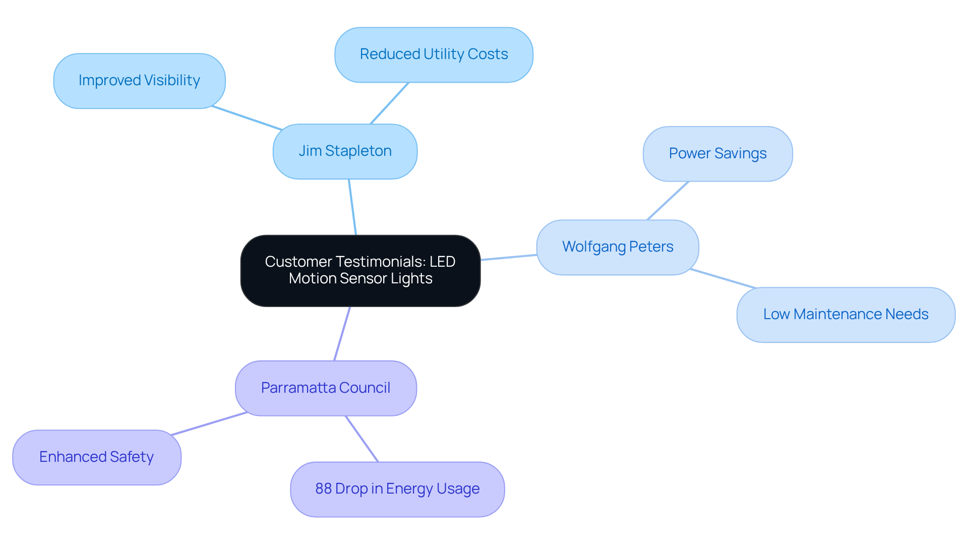 The central node represents the overall theme of customer feedback, while each branch highlights individual experiences and benefits. Follow the branches to see how different users have benefited from enLighten's products.