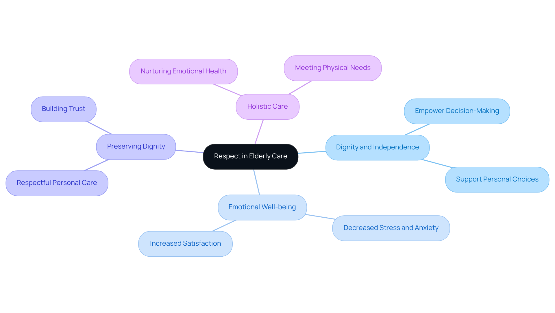 The central bubble represents the main idea of respect, while the branches show how it relates to various aspects of elderly care. Each color-coded branch highlights a key area of focus, helping you see the connections and importance of each aspect.