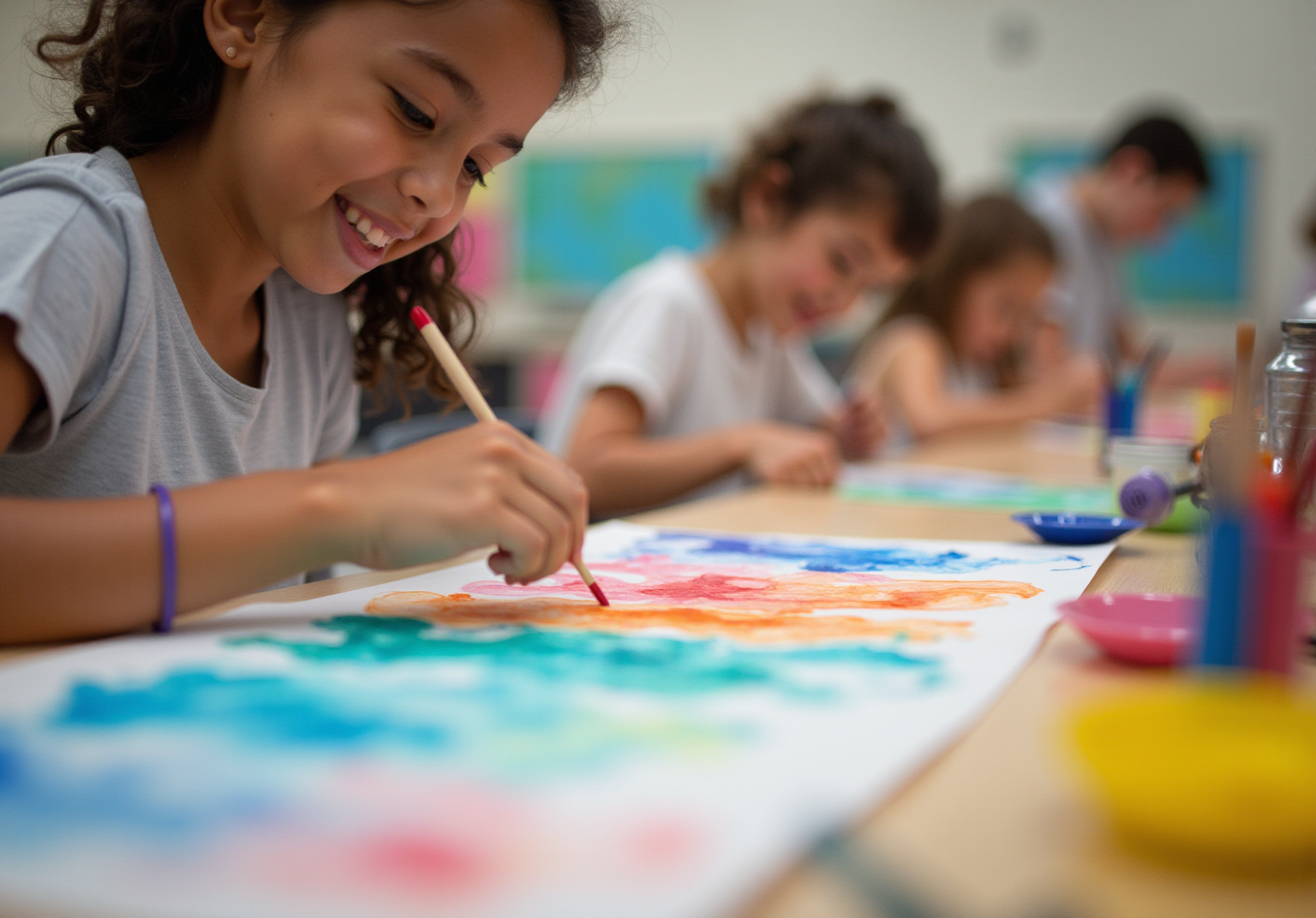 Students Engaged in Watercolor Art Students Engaged in Watercolor Art