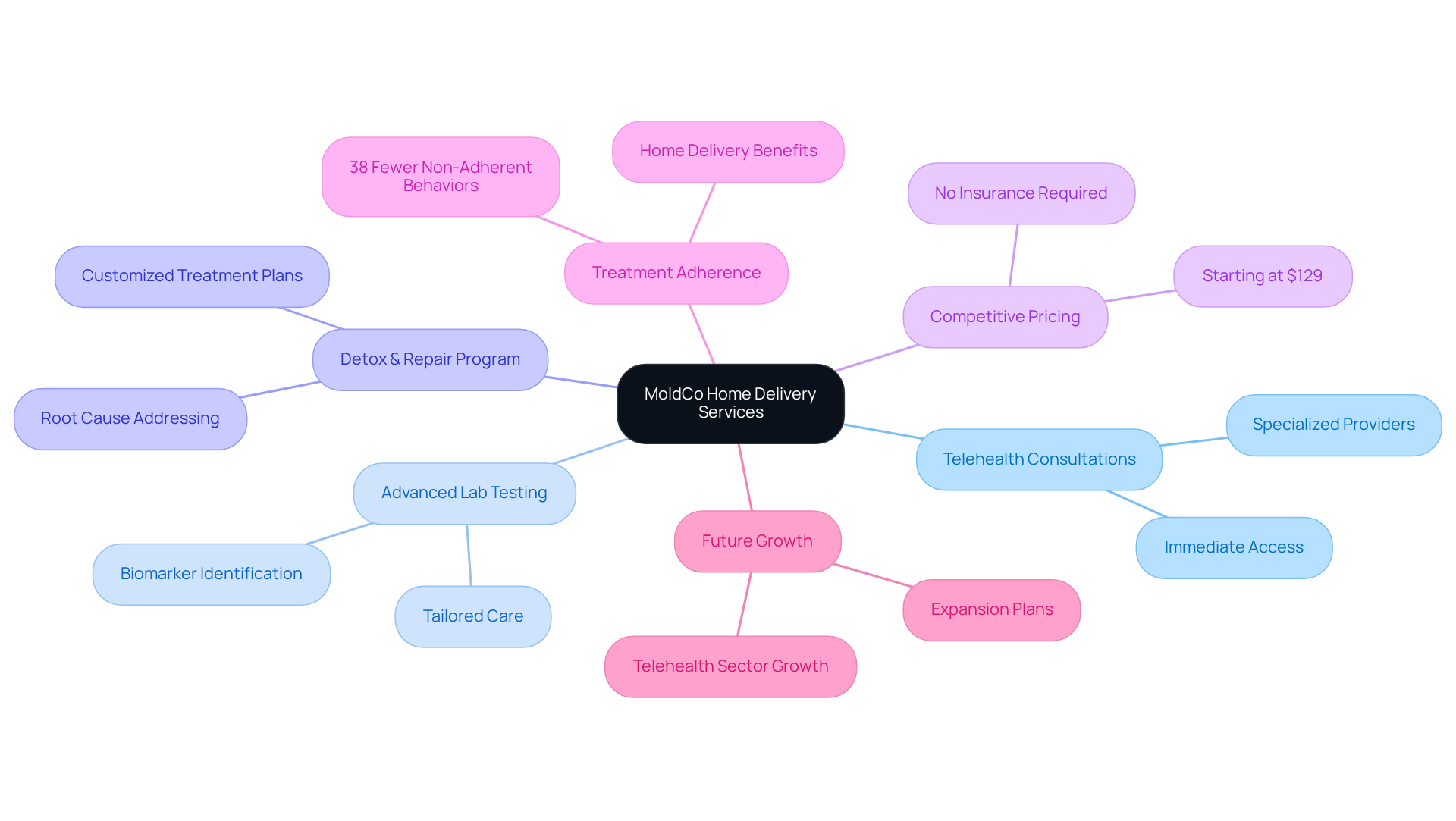 The central node represents MoldCo's services, and each branch shows a different aspect of care. Follow the branches to explore how MoldCo supports your healing journey. The central node represents MoldCo's services, and each branch shows a different aspect of care. Follow the branches to explore how MoldCo supports your healing journey.