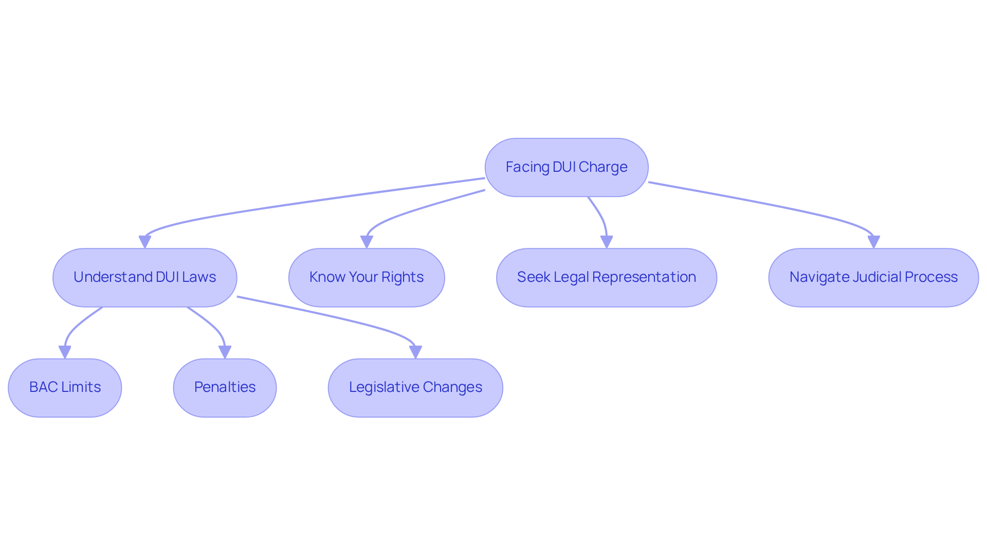 This flowchart shows the steps you should take if you face a DUI charge. Start at the top and follow the arrows to understand what to do next, from knowing the laws to getting legal help. This flowchart shows the steps you should take if you face a DUI charge. Start at the top and follow the arrows to understand what to do next, from knowing the laws to getting legal help.