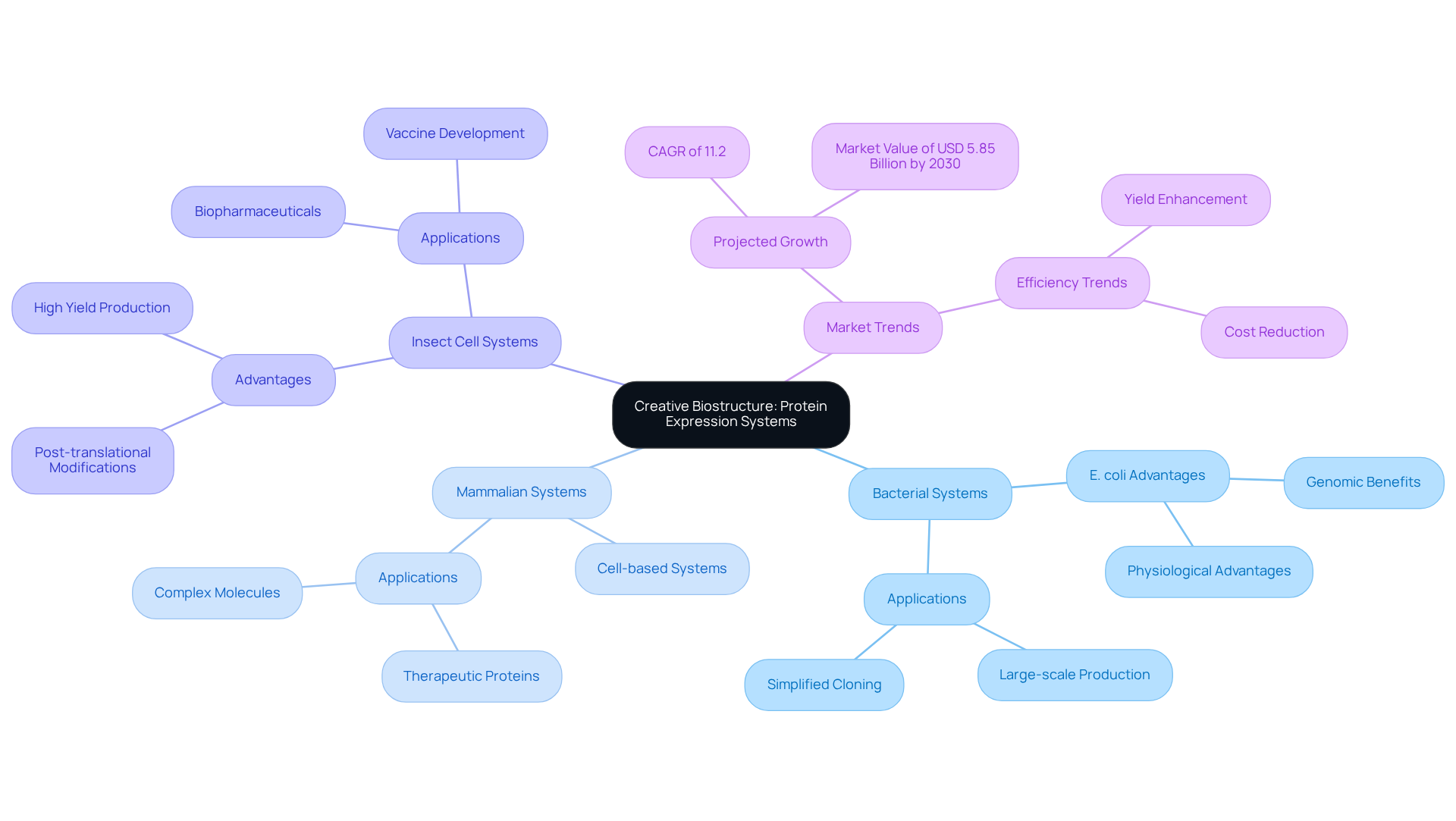 The central node represents the main topic, while the branches show different types of expression systems and their applications. Follow the branches to explore how each system contributes to research and the market's growth.