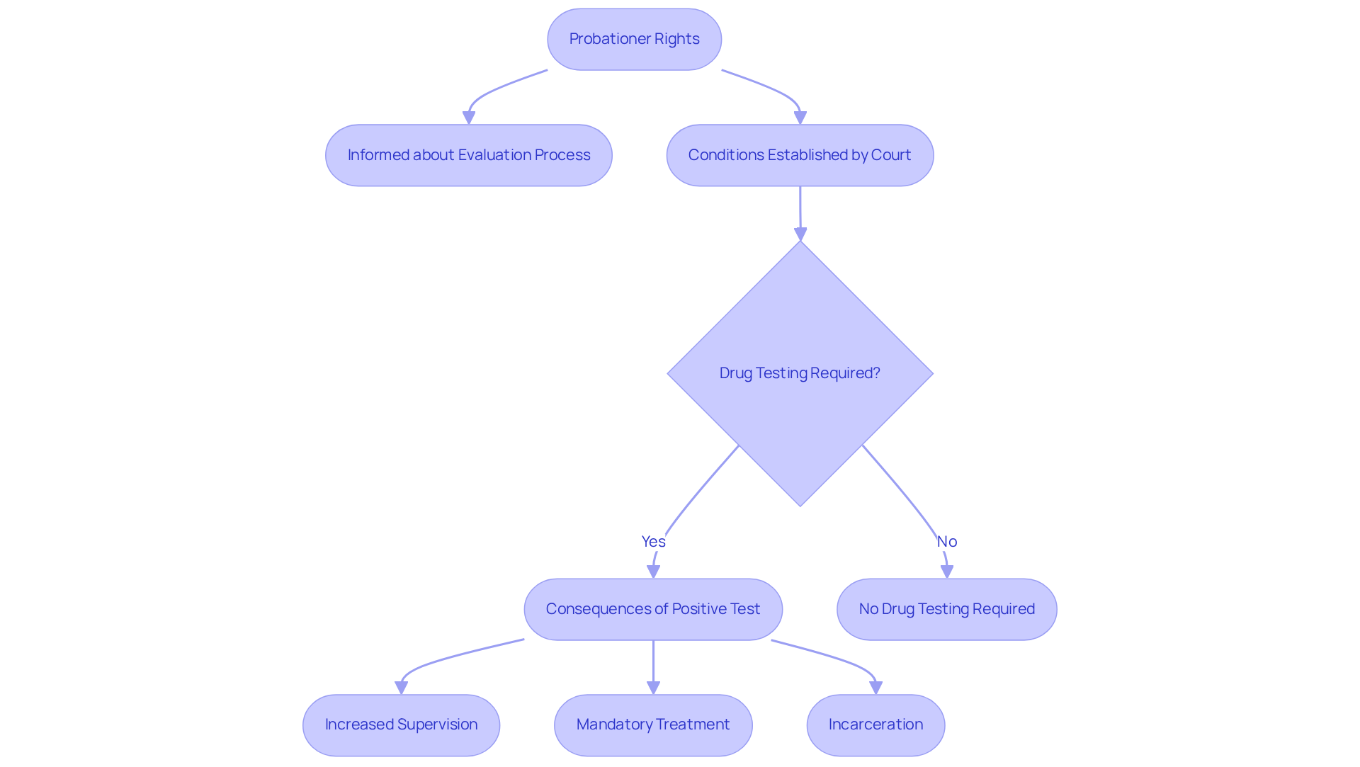 This flowchart illustrates the rights of probationers and the potential consequences of drug testing. Start at the top with your rights, follow the arrows to see if drug testing is required, and explore the possible outcomes of a positive test. Each step helps clarify what probationers need to know to protect their rights and navigate their obligations.
