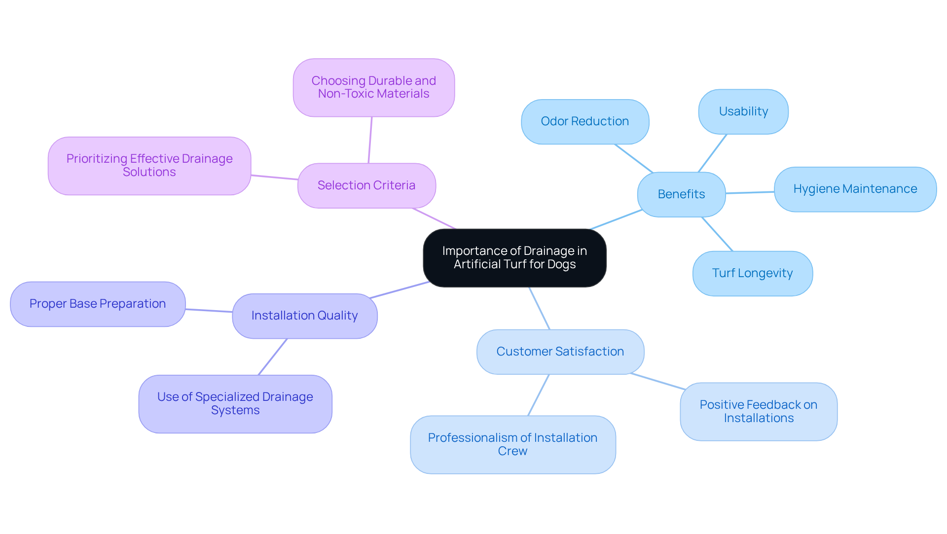 The central idea is about drainage in turf for dogs, with branches showing the benefits and considerations. Each branch highlights a different aspect, making it easy to understand how drainage impacts usability and hygiene.